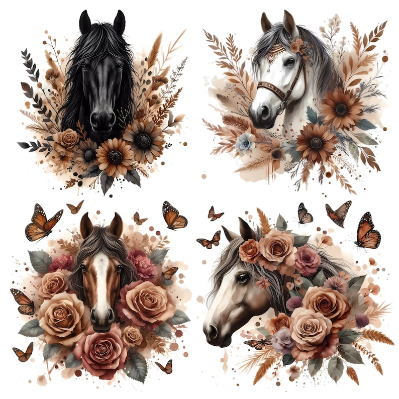 17 Watercolor Boho Horse Clipart PNG Bundle, Brown Horse, Butterfly ...