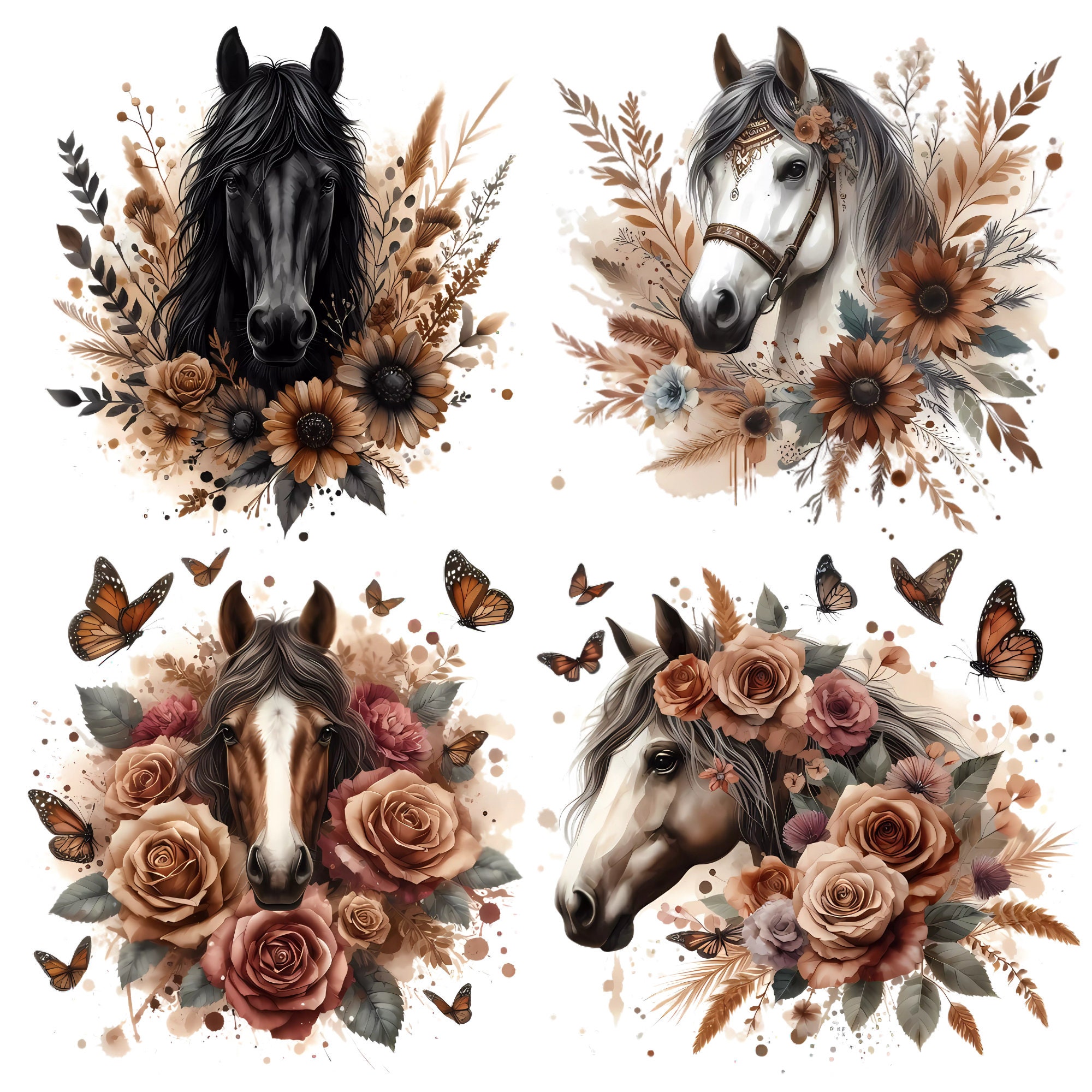 17 Watercolor Boho Horse Clipart PNG Bundle, Brown Horse, Butterfly ...