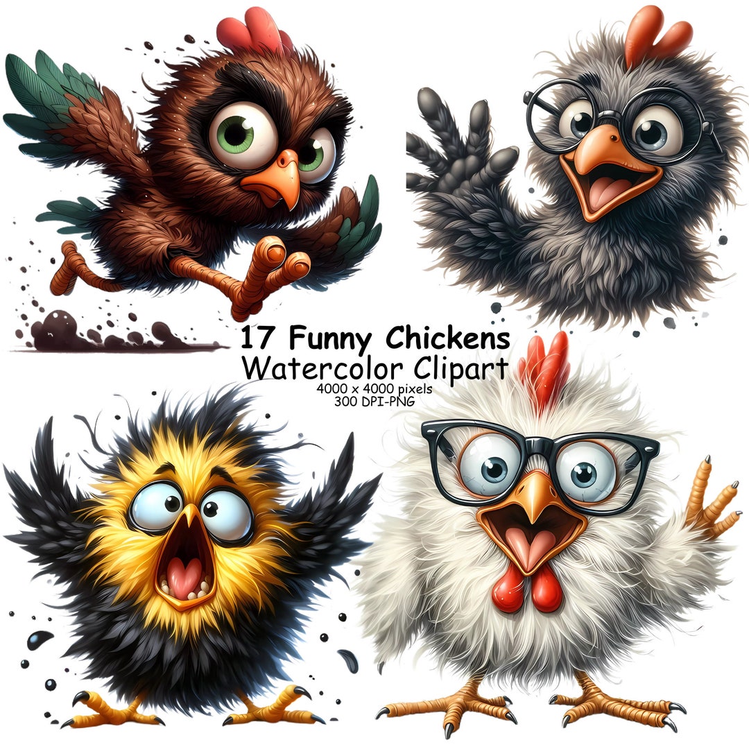 17 Watercolor Funny Cute Chicken Clipart Bundle, Funny Chicken Png ...