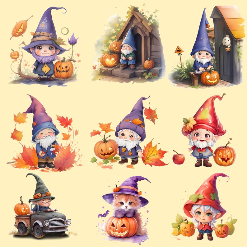 32 Cute Gnomes Watercolor Clipart Bundle. Halloween Gnome, Cat PNG ...