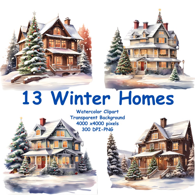 13 Winter Watercolor House Clipart Bundle. High Quality PNG, Cozy ...