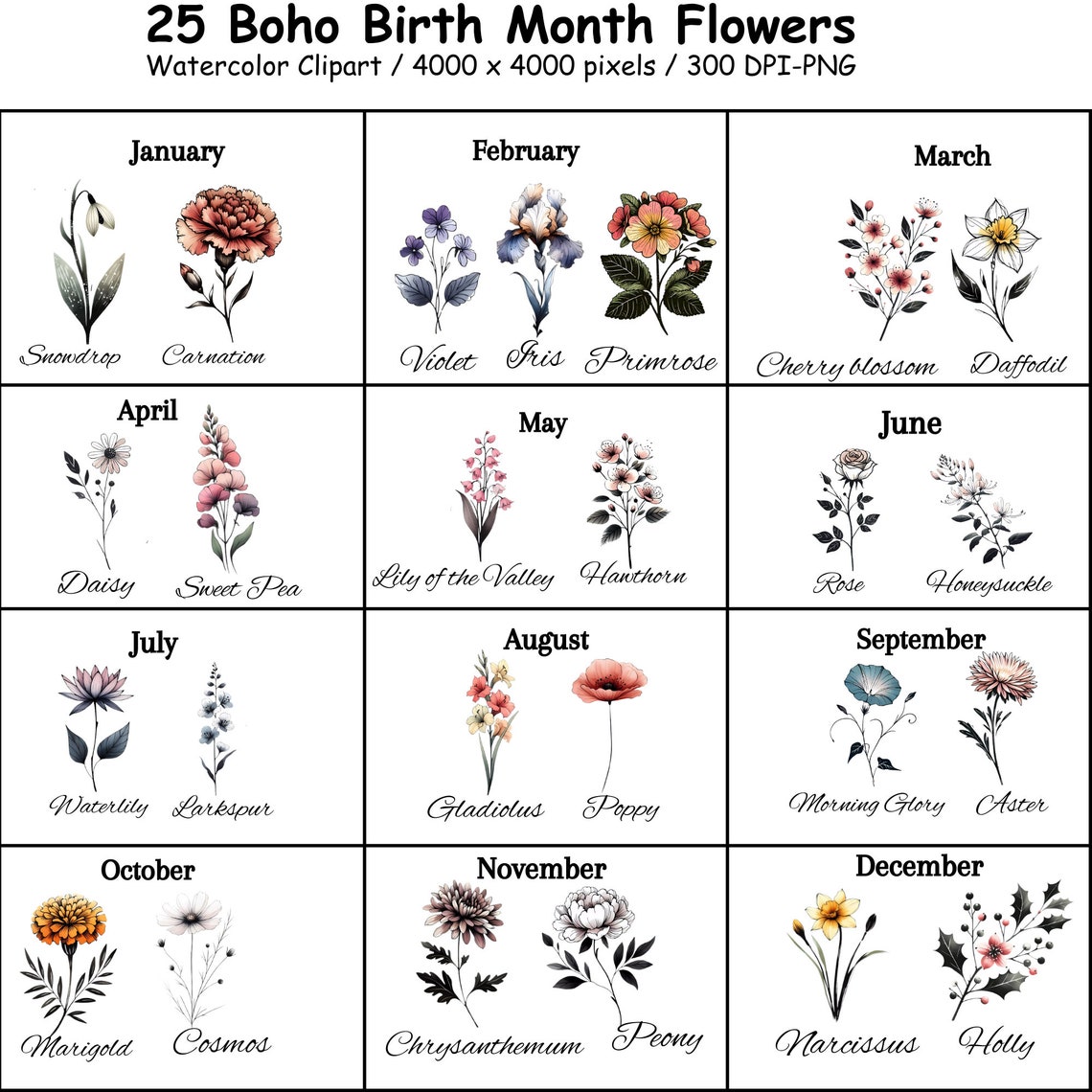 Boho Birth Month Flowers Watercolor Clipart Bundle (PNG) - Etsy