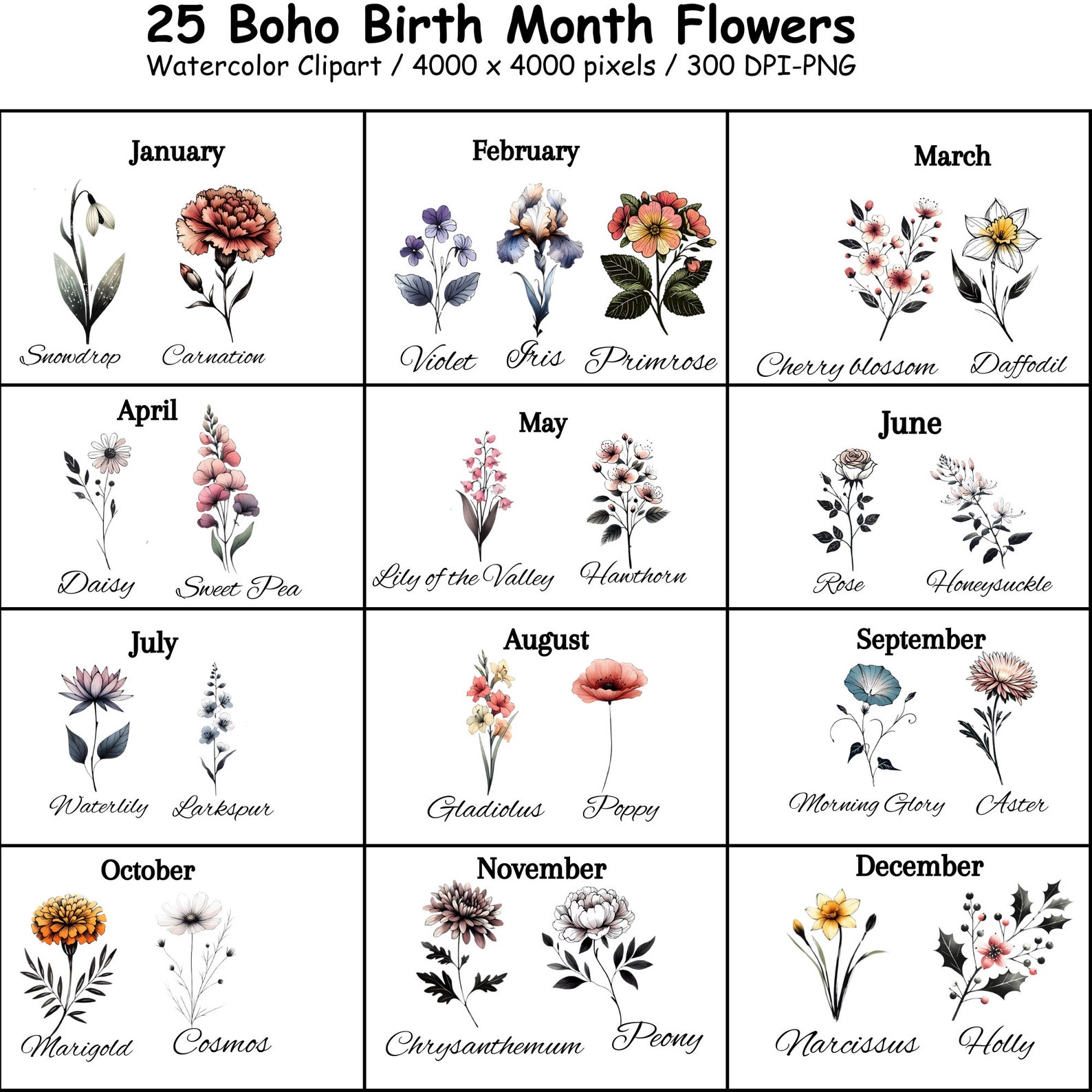 25 Boho Birth Month Flowers Watercolor Clipart Bundle, Mother's Day ...