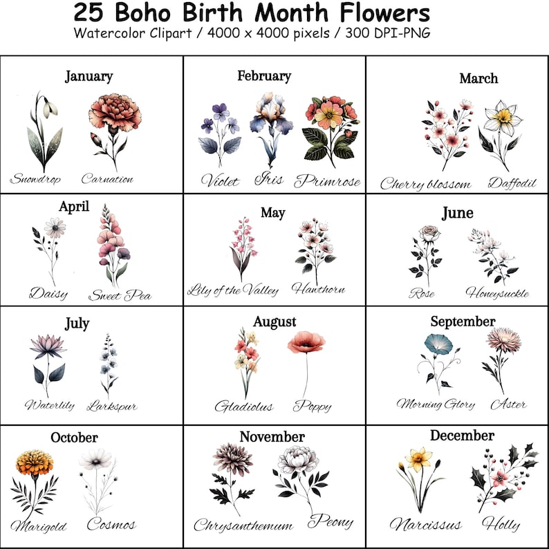 25 Boho Birth Month Flowers Watercolor Clipart Bundle, Mother's Day ...