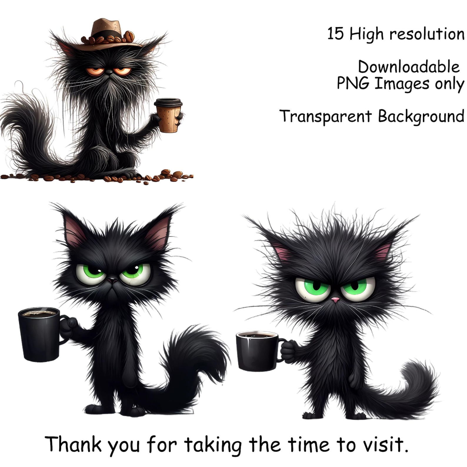 15 Watercolor Frazzled Cat PNG Clip Art Bundle, High Res for Junk ...