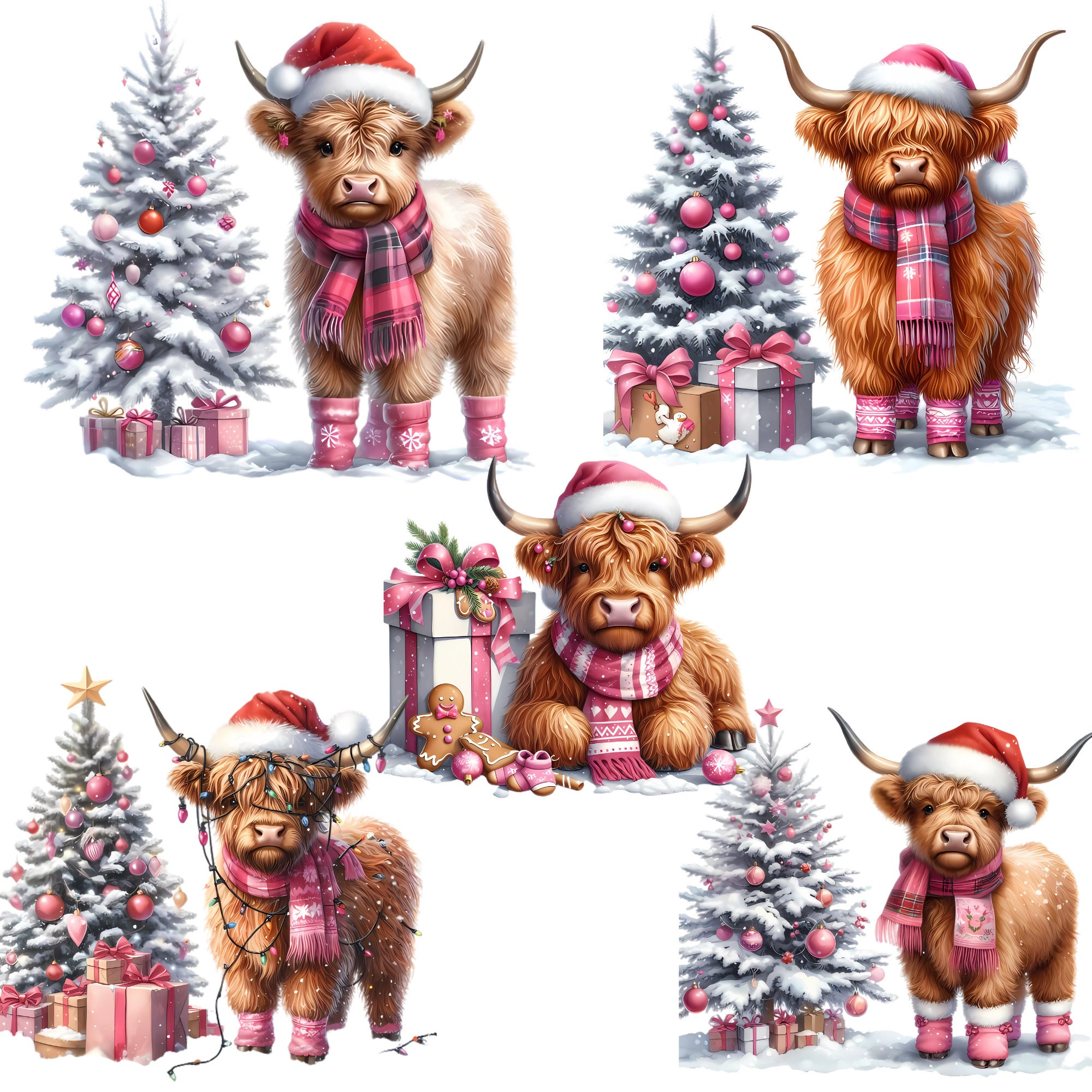 Pink Christmas Highland Cow Clipart Bundle, Commercial Use (PNG) - Etsy