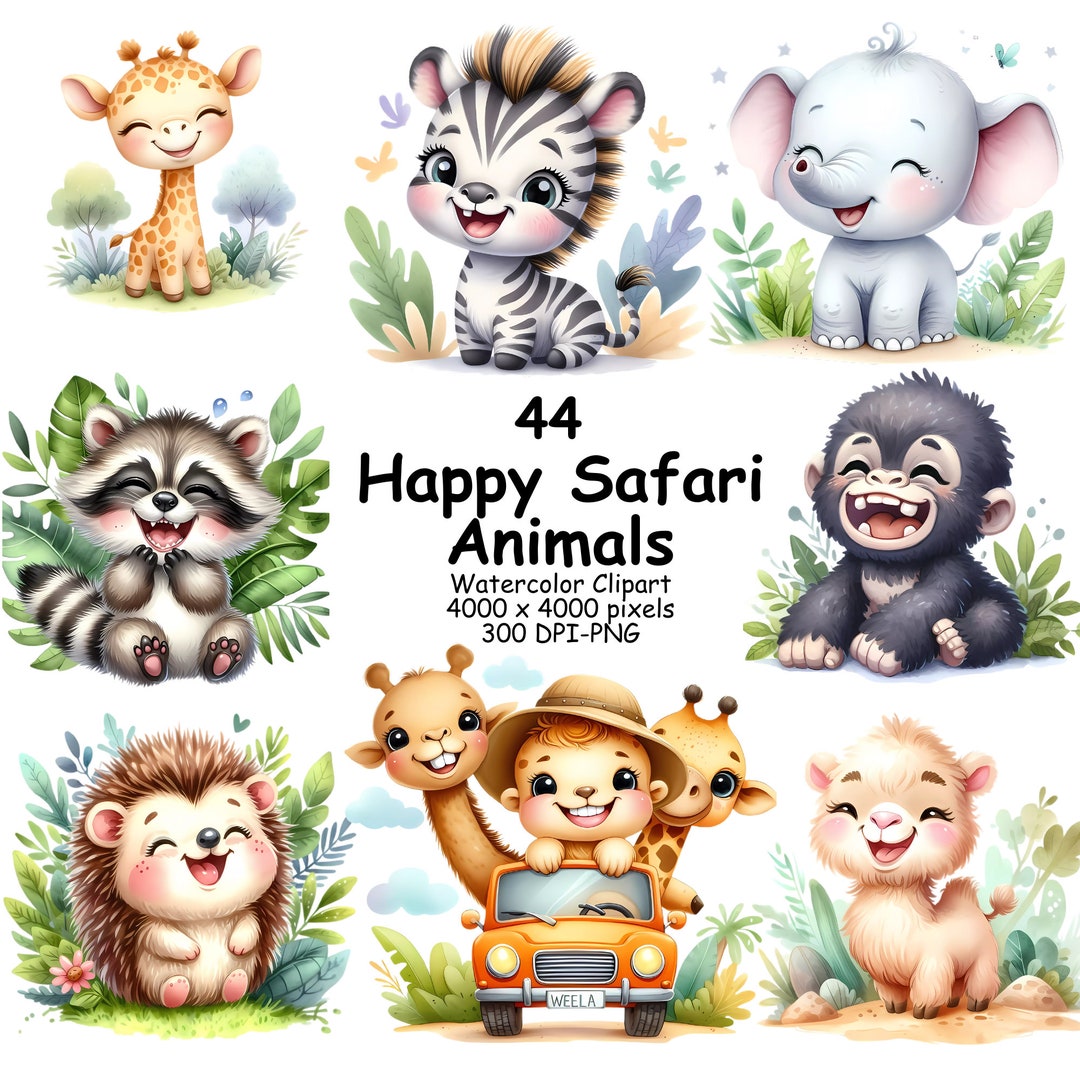 44 Watercolor Happy Safari Animals Clipart Bundle, Digital Download PNG ...