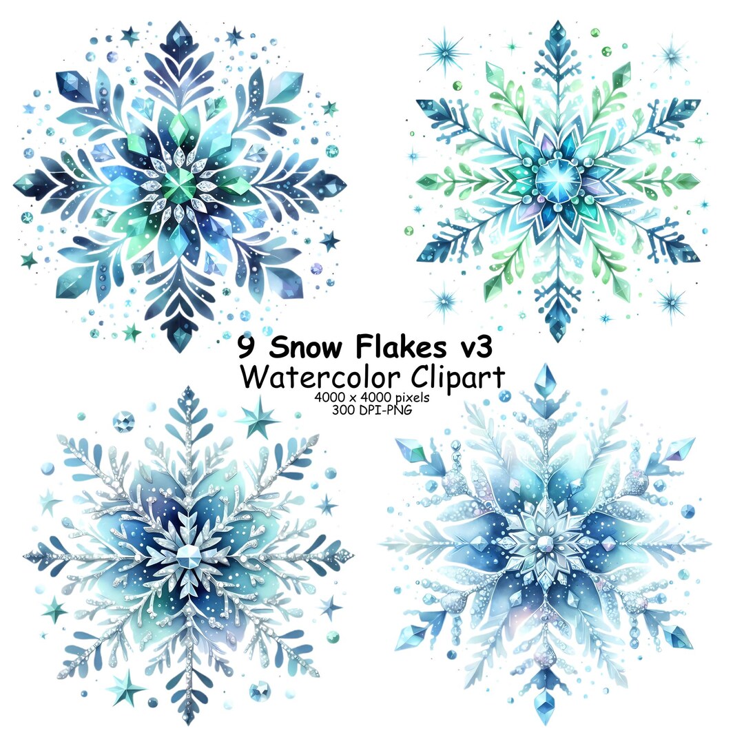 9 Watercolor Blue Glitter Snowflake Png Clipart Bundle V3, Sublimation ...
