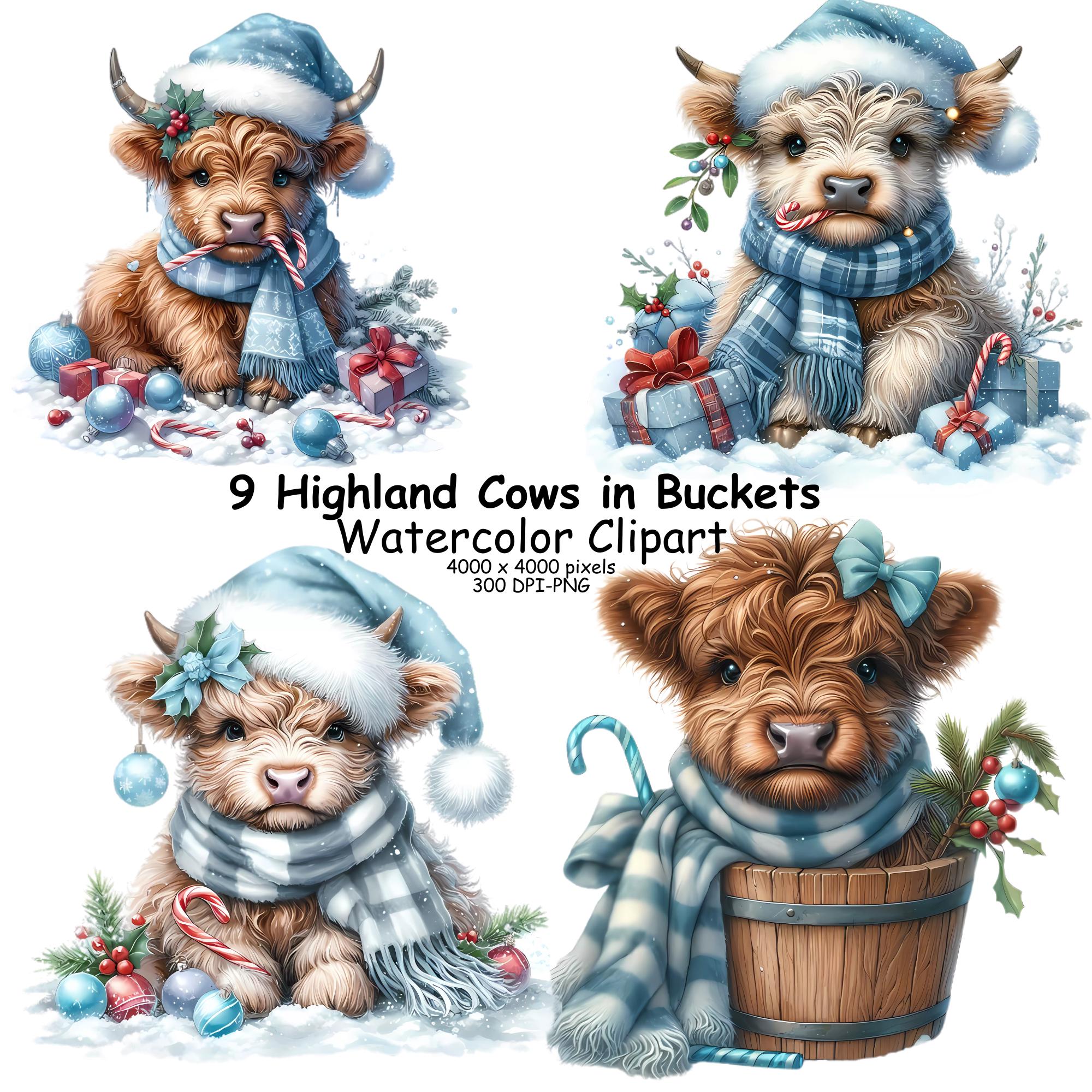 9 Watercolor Christmas Highland Cow V3 Clipart Bundle, Highland Cows in ...