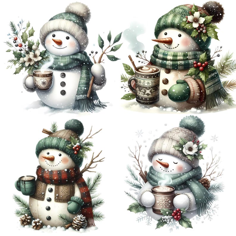 22 Cute Winter Snowman Coffee PNG Clipart Bundle, Festive Snowmen ...