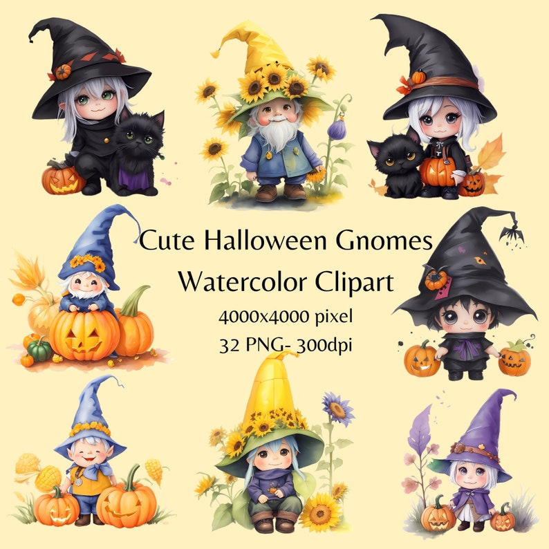 32 Cute Gnomes Watercolor Clipart Bundle. Halloween Gnome, Cat PNG. Commercial Use Clipart. - Etsy
