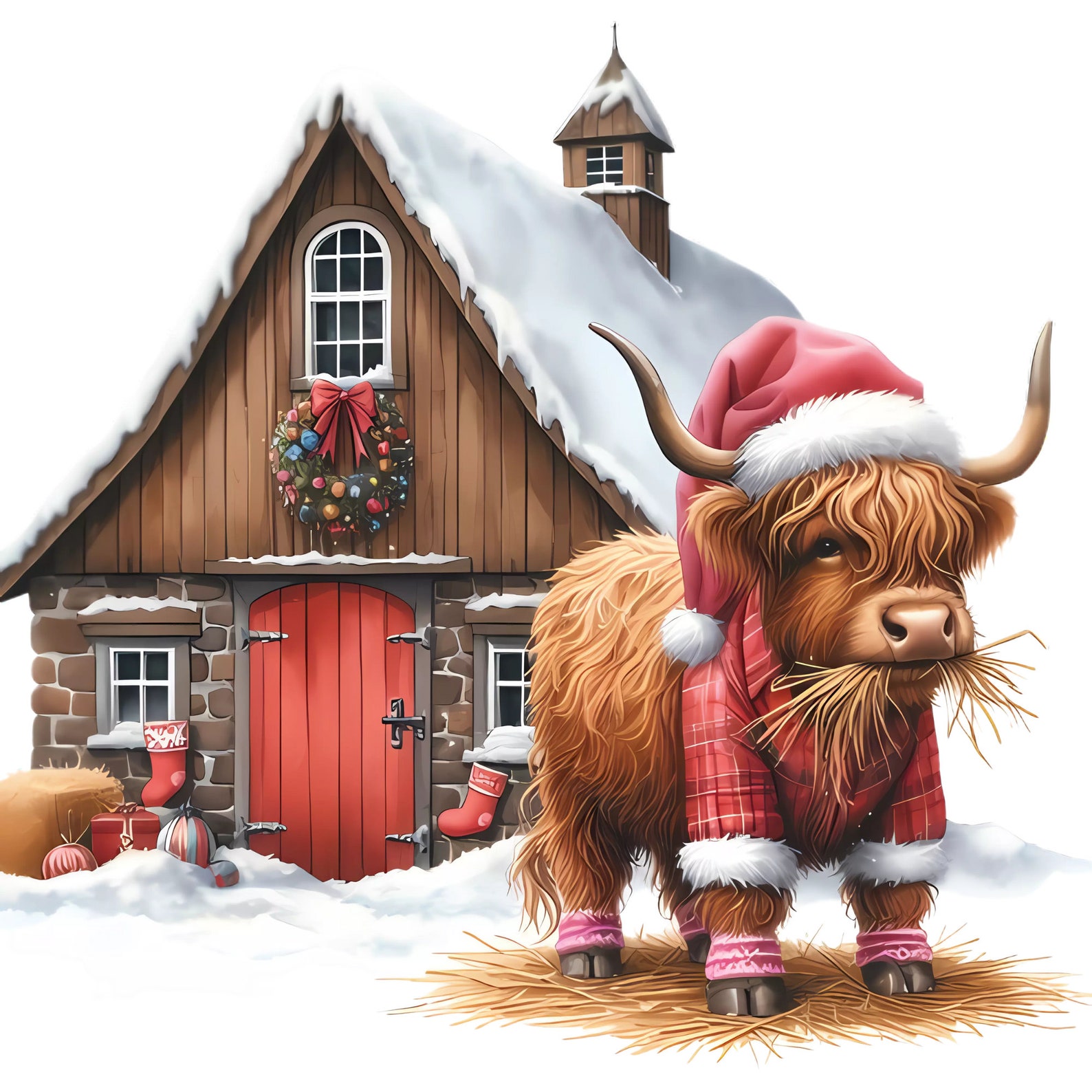 7 Watercolor Pink Christmas Highland Cow Clipart (PNG) - Etsy