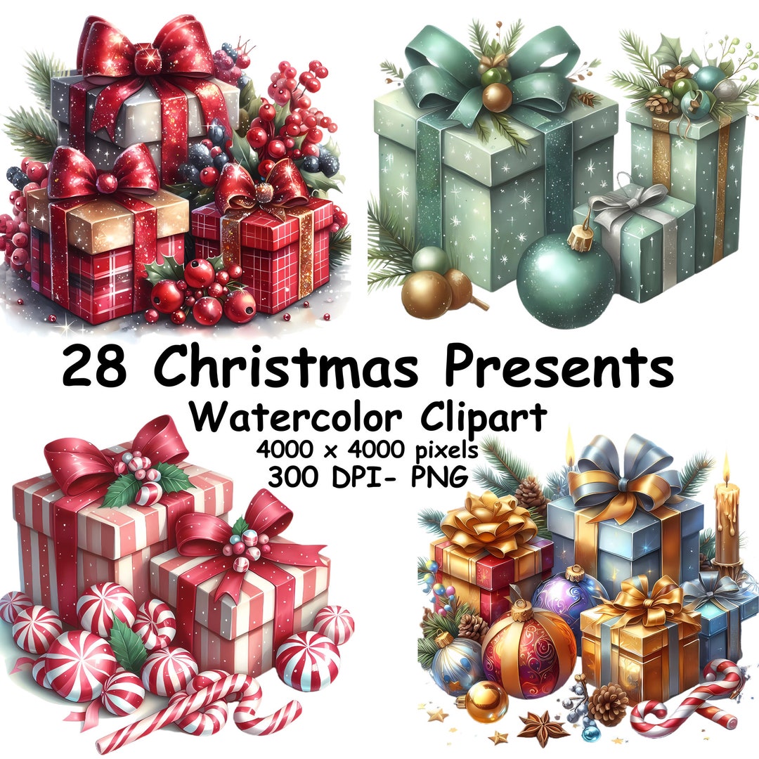 28 Watercolor Christmas Presents Clipart Bundle, Holiday Gifts Clipart ...