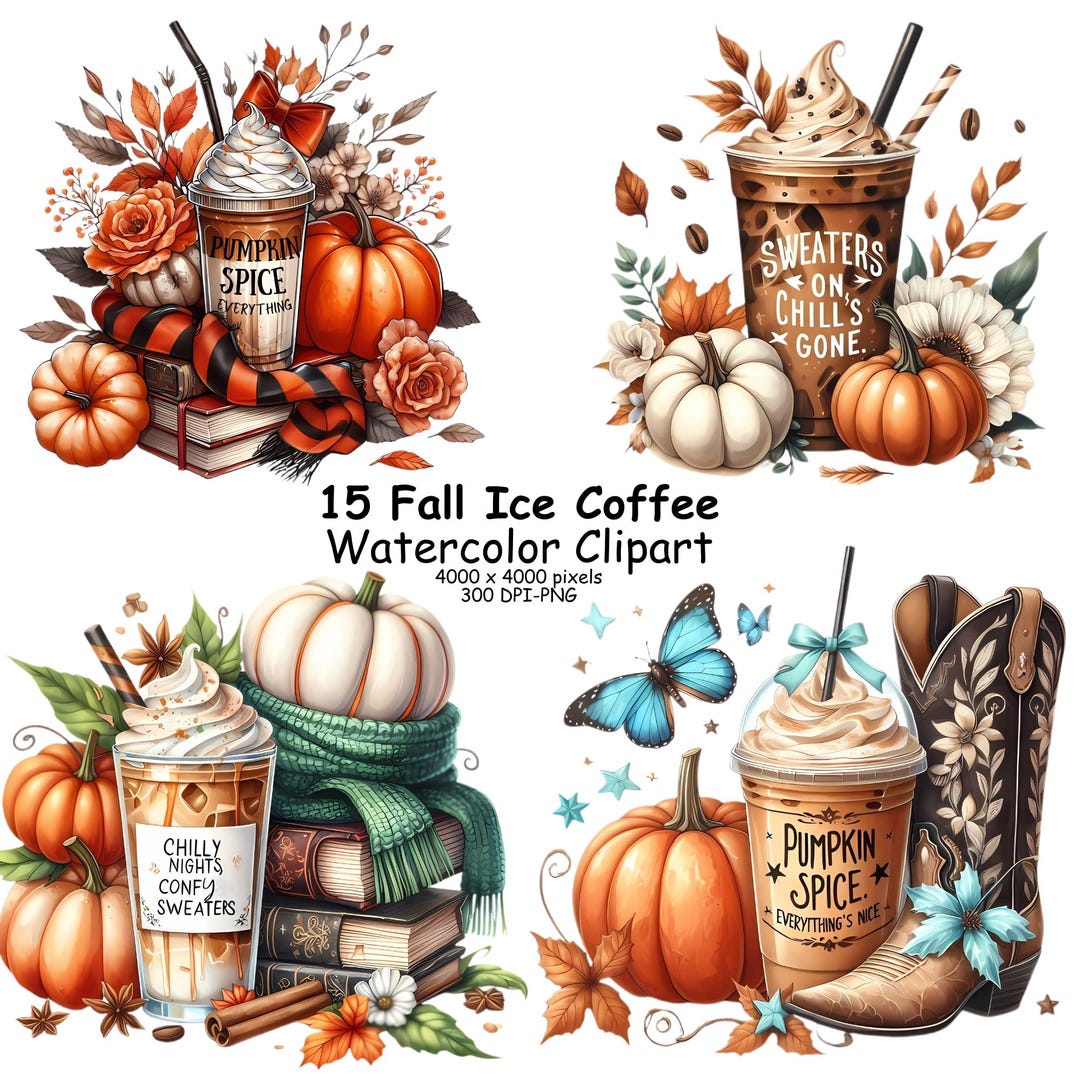 15 Fall Ice Coffee Png Clipart Bundle, Fall Sublimation Design, Autumn ...