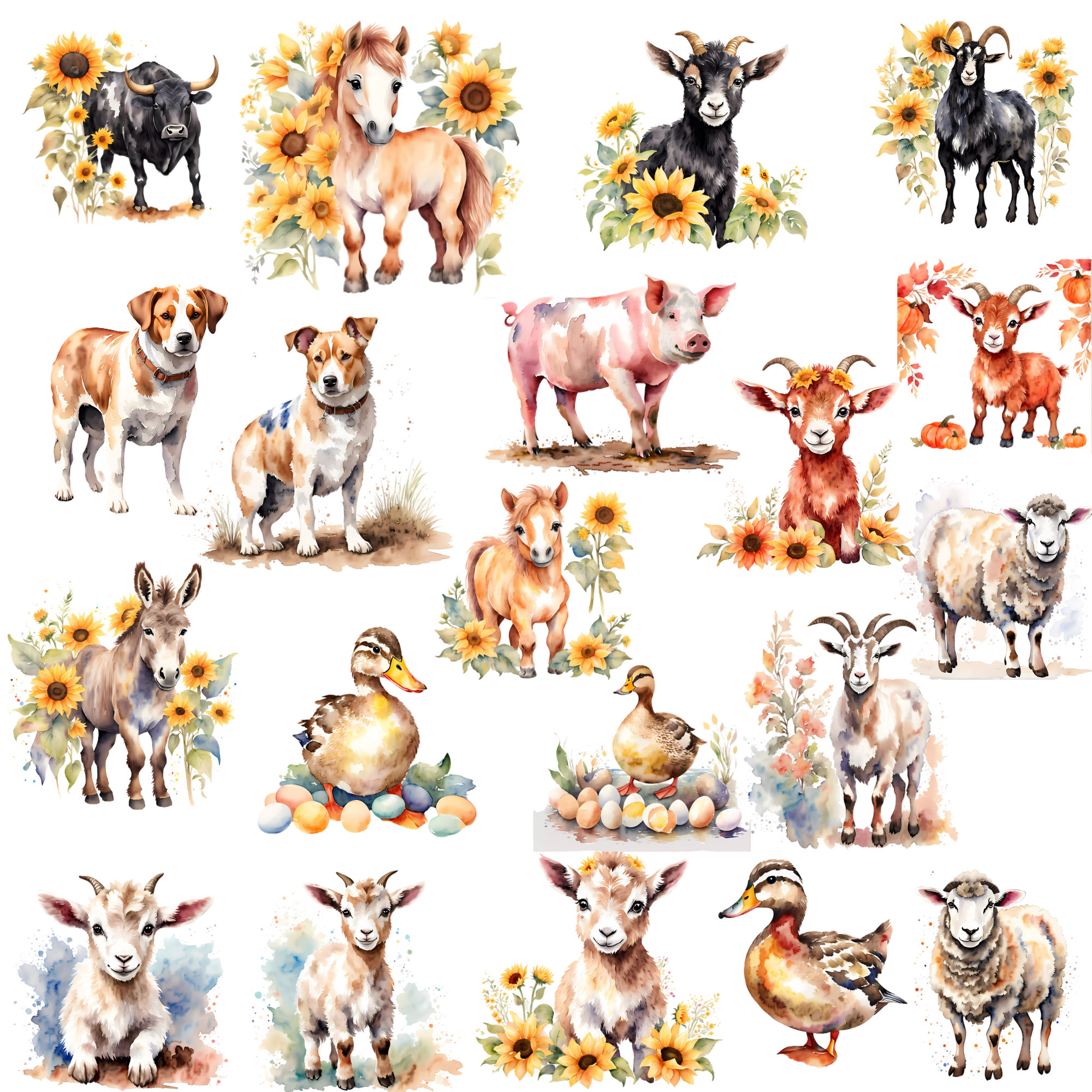 52 Watercolor Farm Animals Bundle PNG- Cute Animals, Instant Download ...