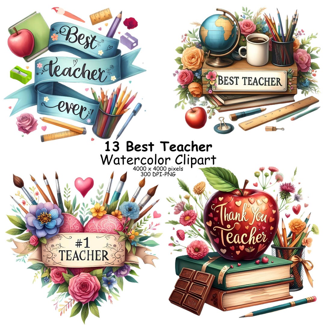 13 Watercolor Best Teacher Png Clipart Bundle, Sublimation Design ...