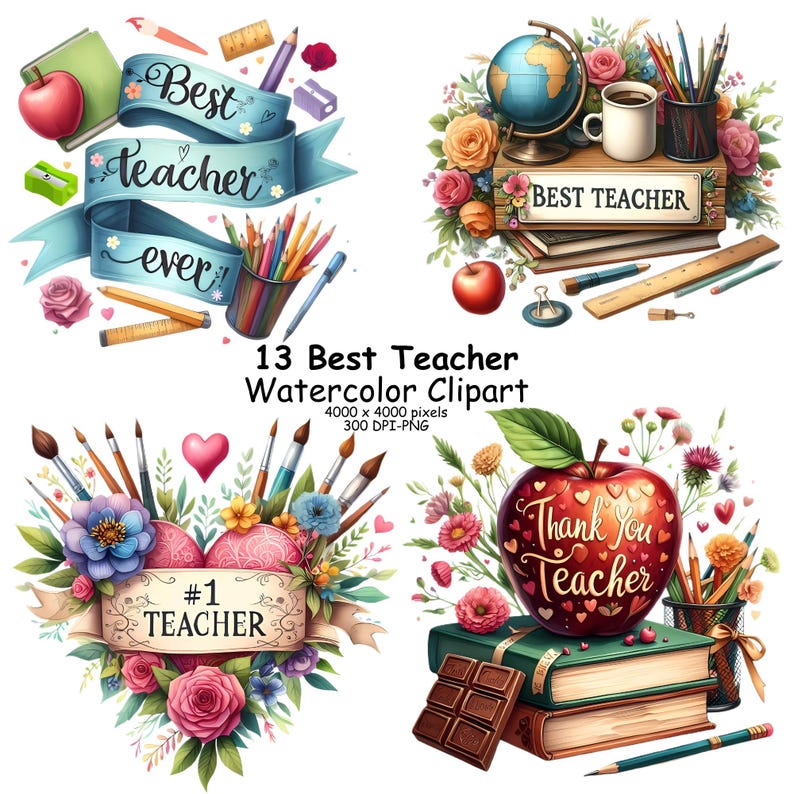 13 Watercolor Best Teacher Png Clipart Bundle, Sublimation Design ...