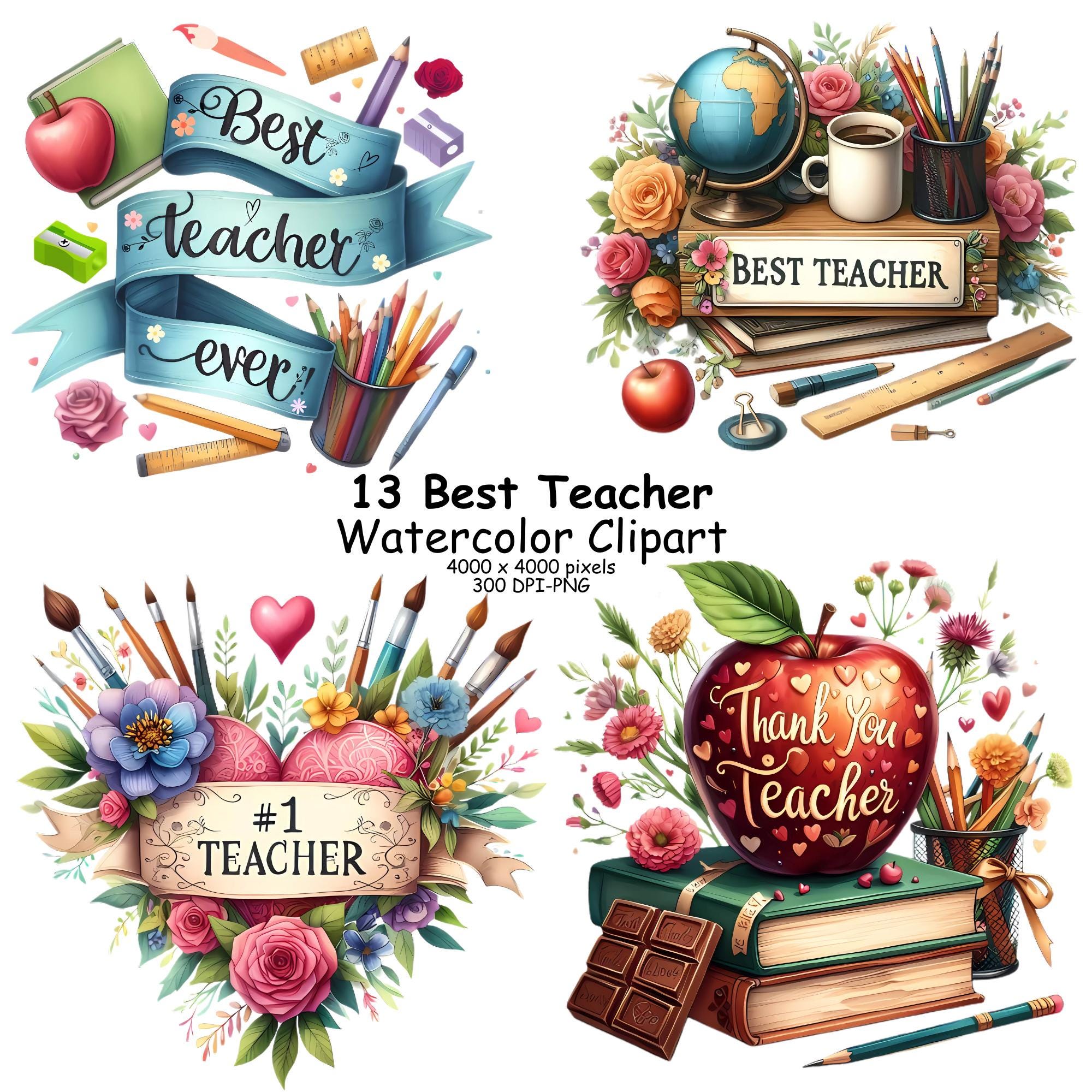 13 Watercolor Best Teacher Png Clipart Bundle, Sublimation Design ...