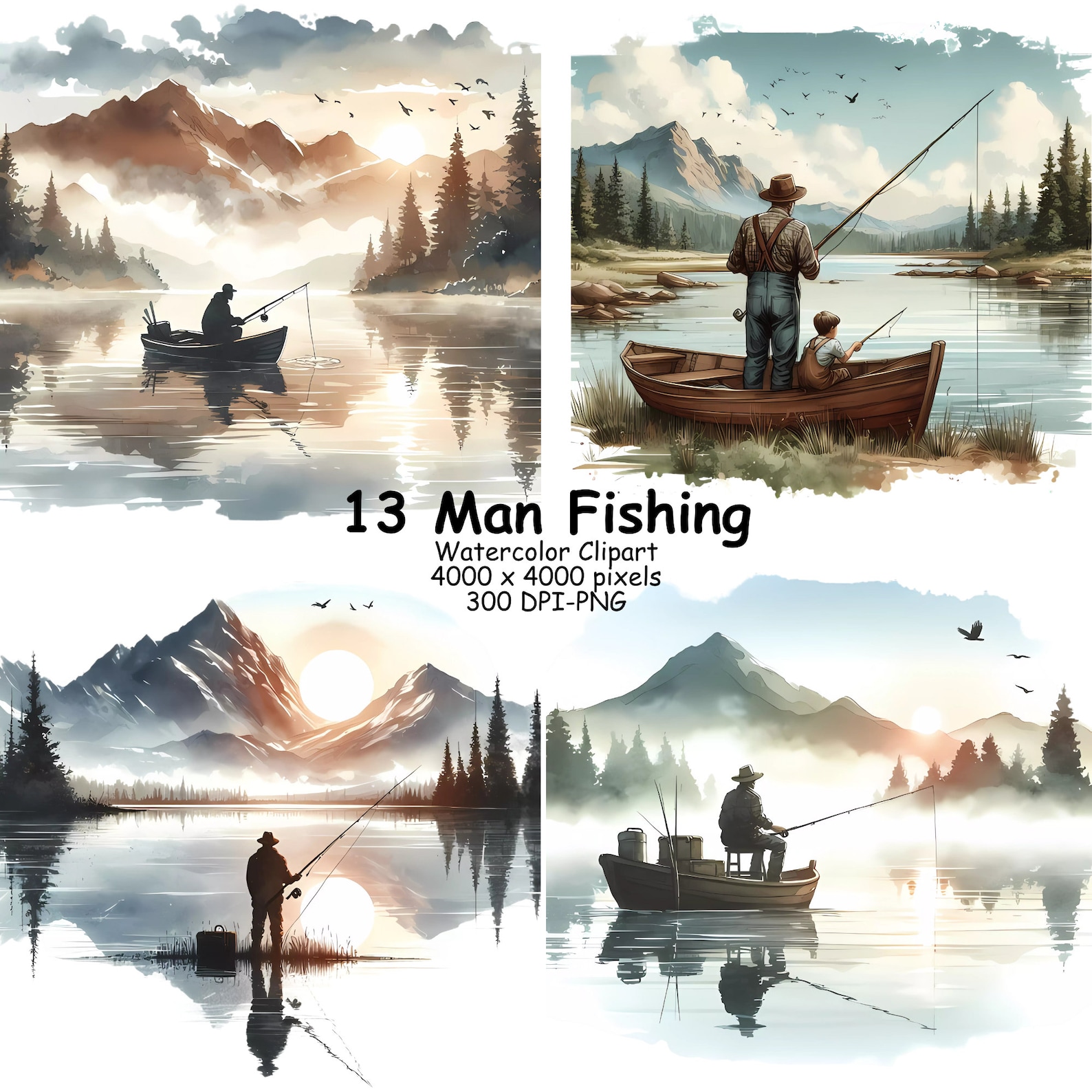 13 Man Fishing Watercolor Clipart Bundle, Boat Fishing Landscape, High ...