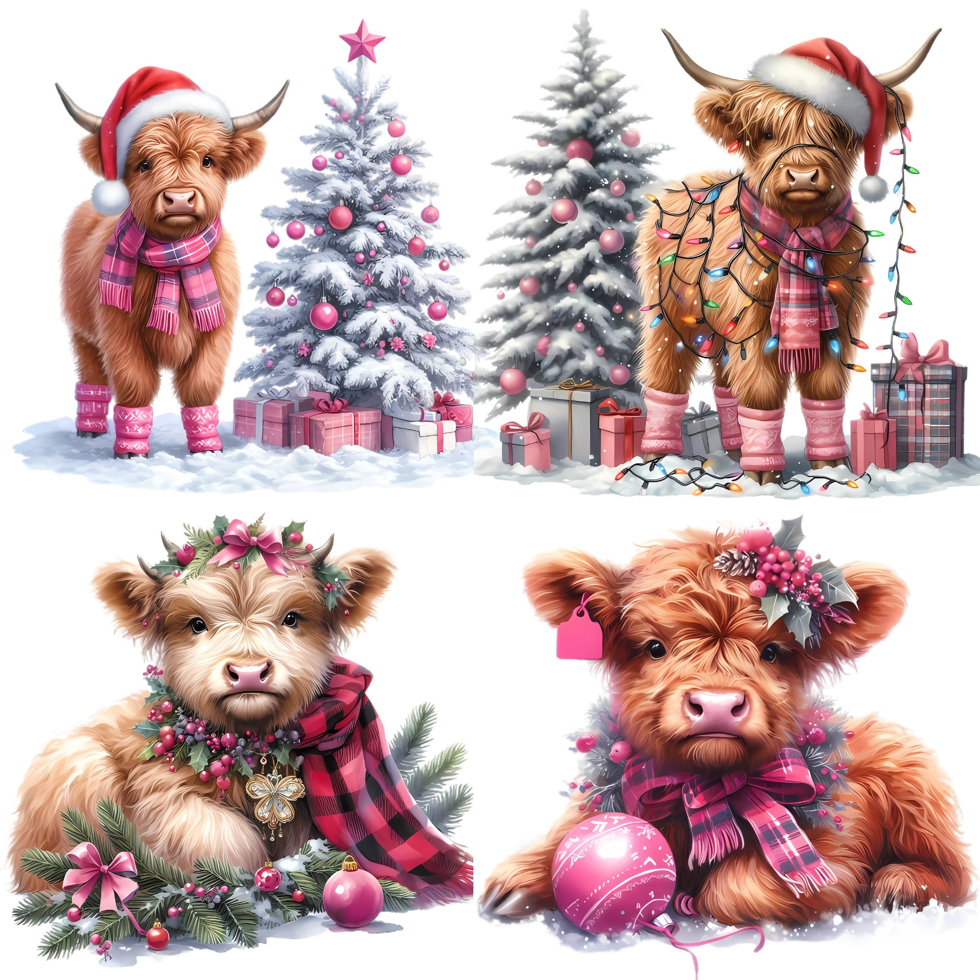 Pink Christmas Highland Cow Clipart Bundle, Commercial Use (PNG) - Etsy
