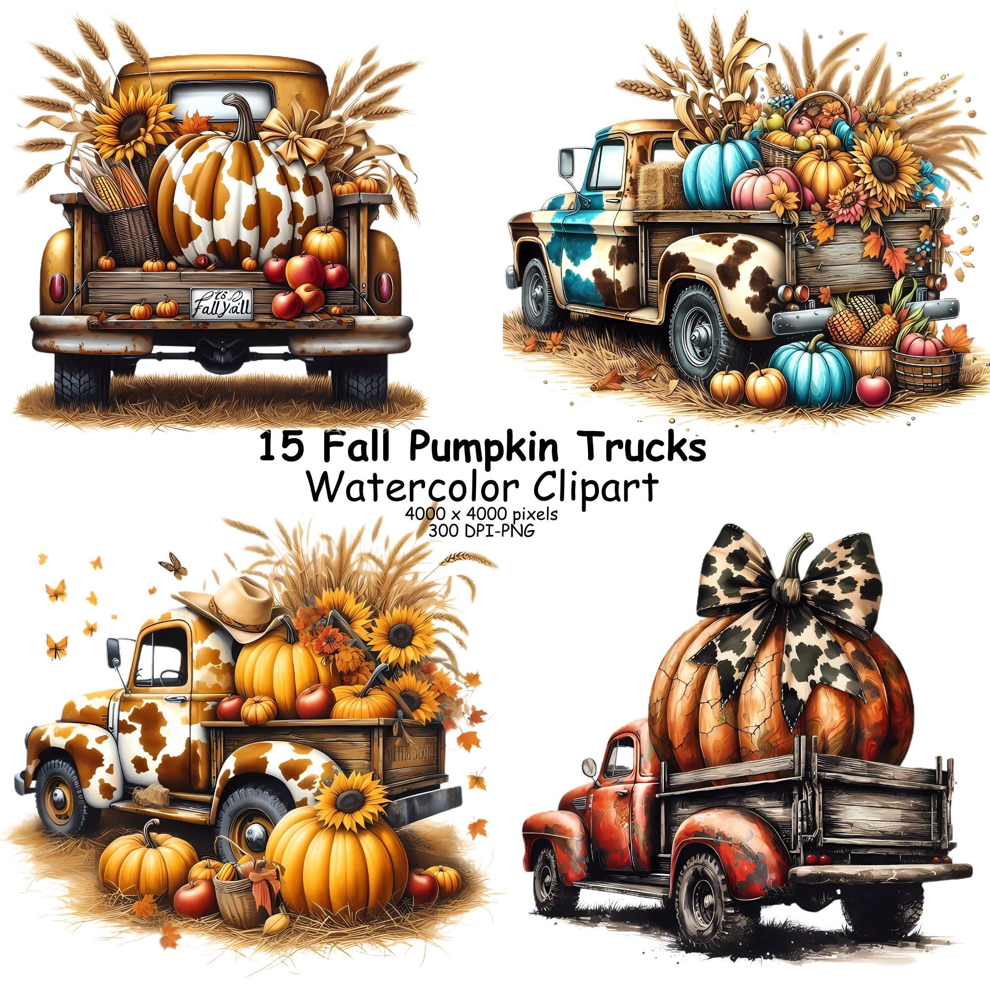 15 Watercolor Coquette Fall Pumpkin Trucks Png Graphic V1, Rustic ...