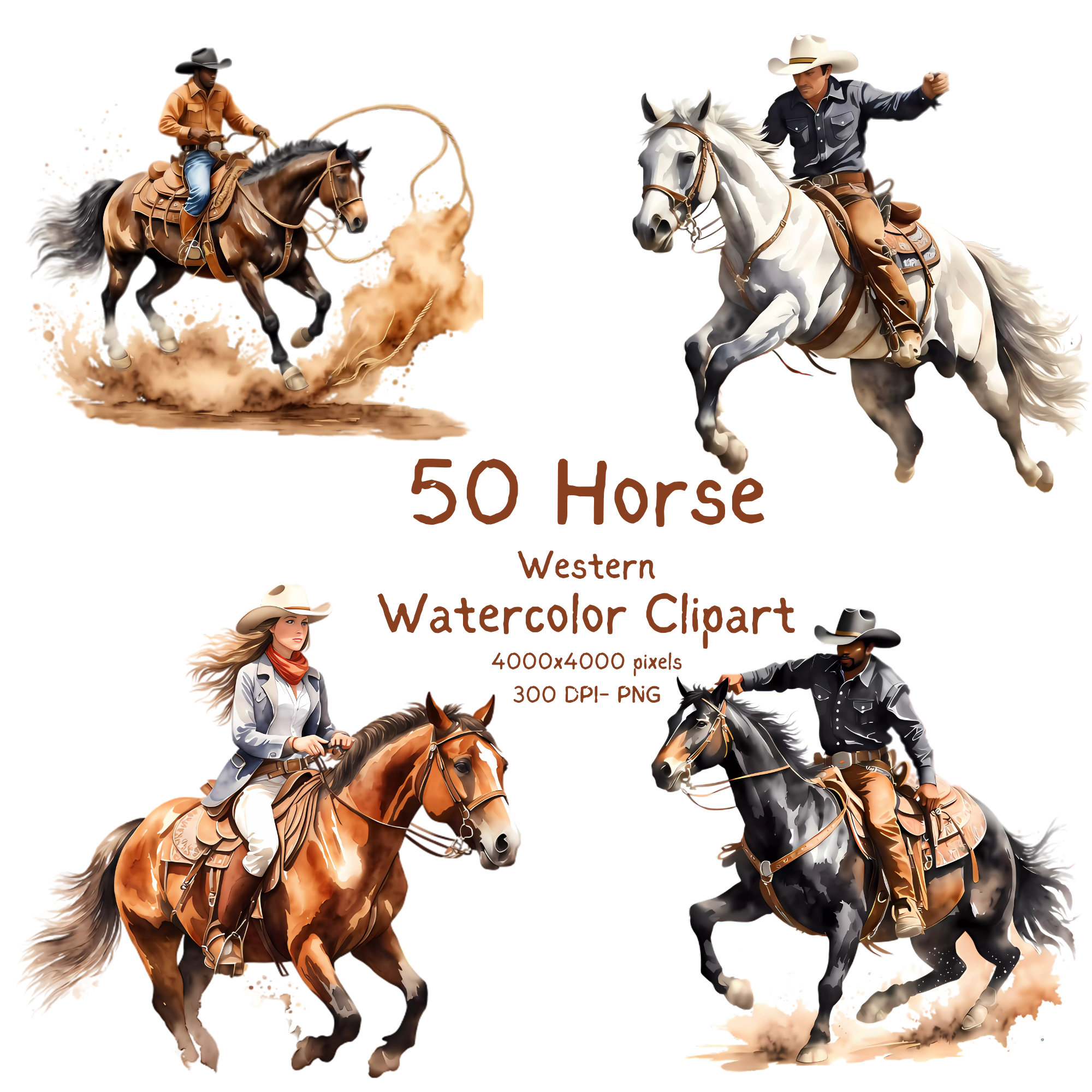 50 Watercolor Horses Clipart Bundle, Western Rodeo Cowboys/cowgirls ...