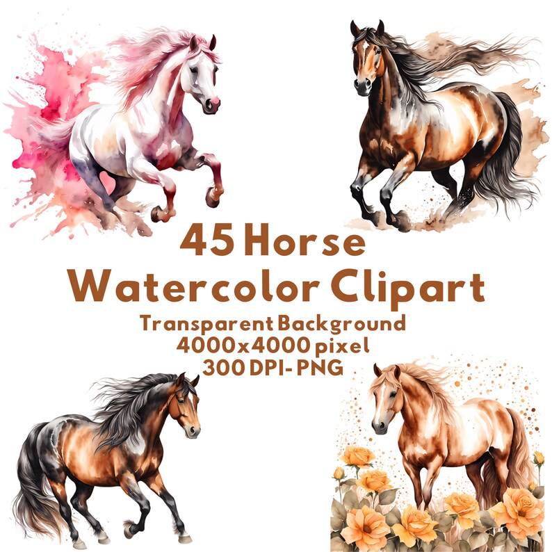 Watercolor Horses Clipart Bundle, Majestic Horse PNG Images (commercial ...