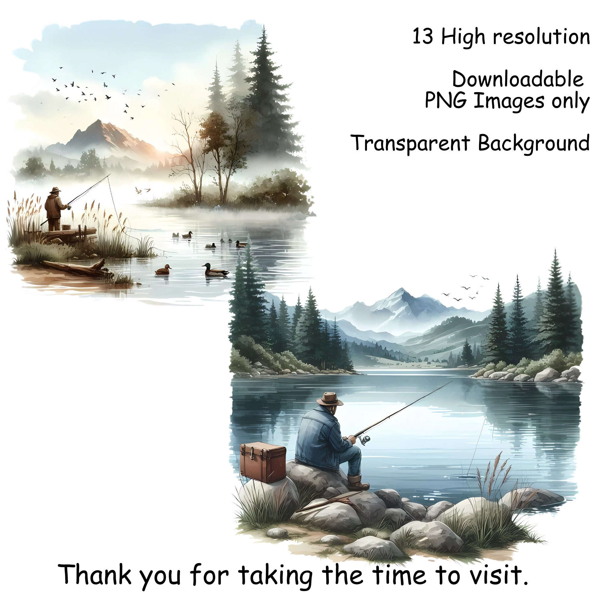 13 Man Fishing Watercolor Clipart Bundle, Boat Fishing Landscape, High ...
