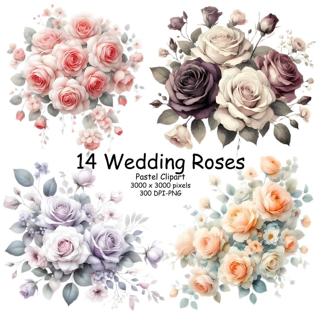 14 Pastel Wedding Roses Clipart Bundle, Watercolor Floral Clipart ...
