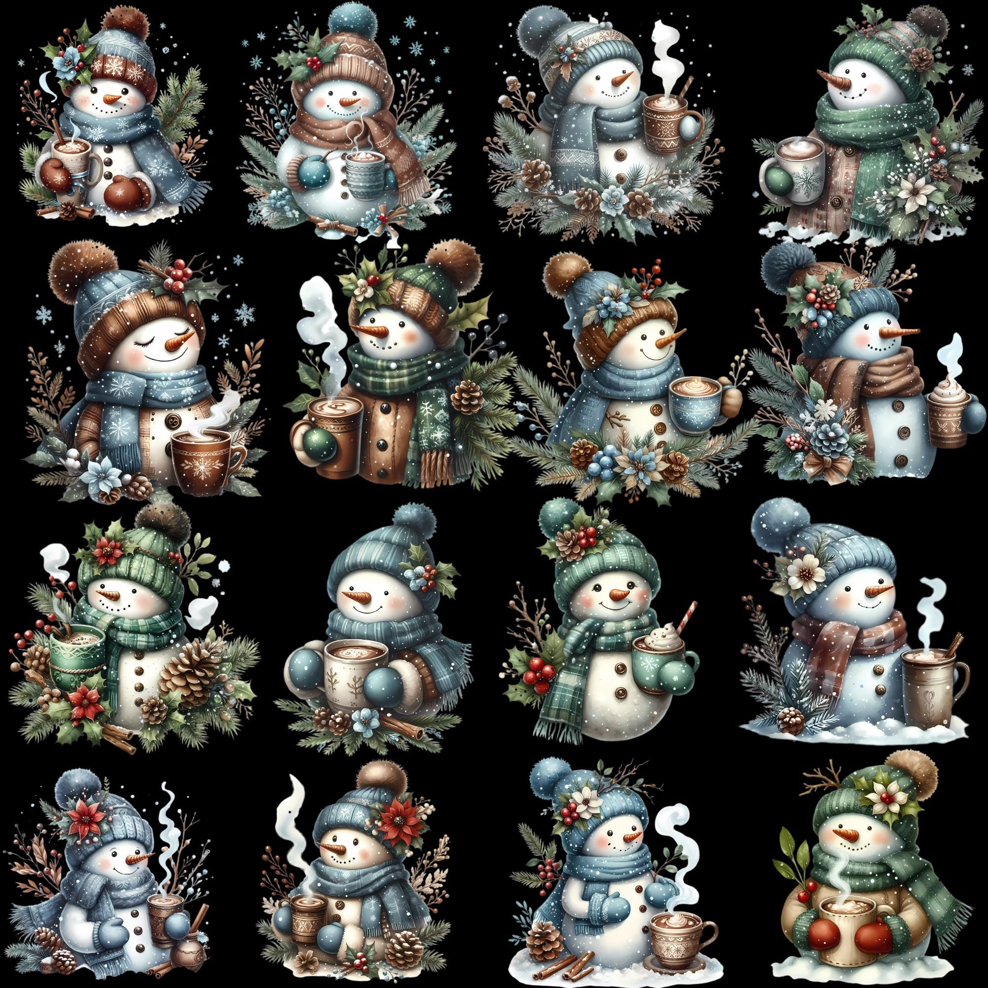 Cute Winter Snowman Clipart PNG Bundle, Festive Graphics (digital ...
