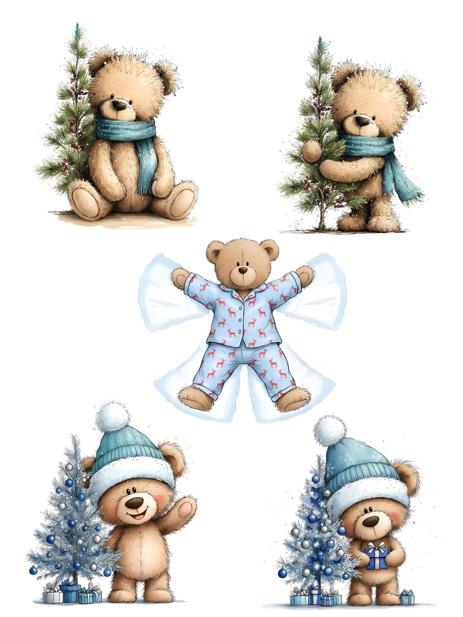 33 Watercolor Blue Teddy Bear PNG Clipart Bundle, Holiday Christmas ...