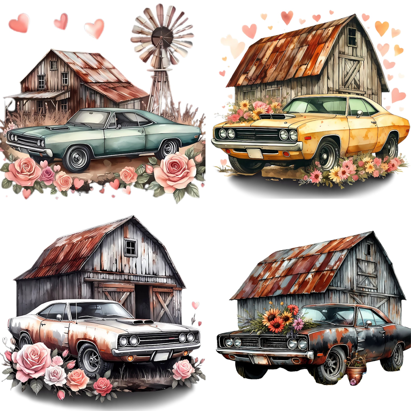 24 Rustic Cars Watercolor Clipart Bundle. Transparent Background, Old ...