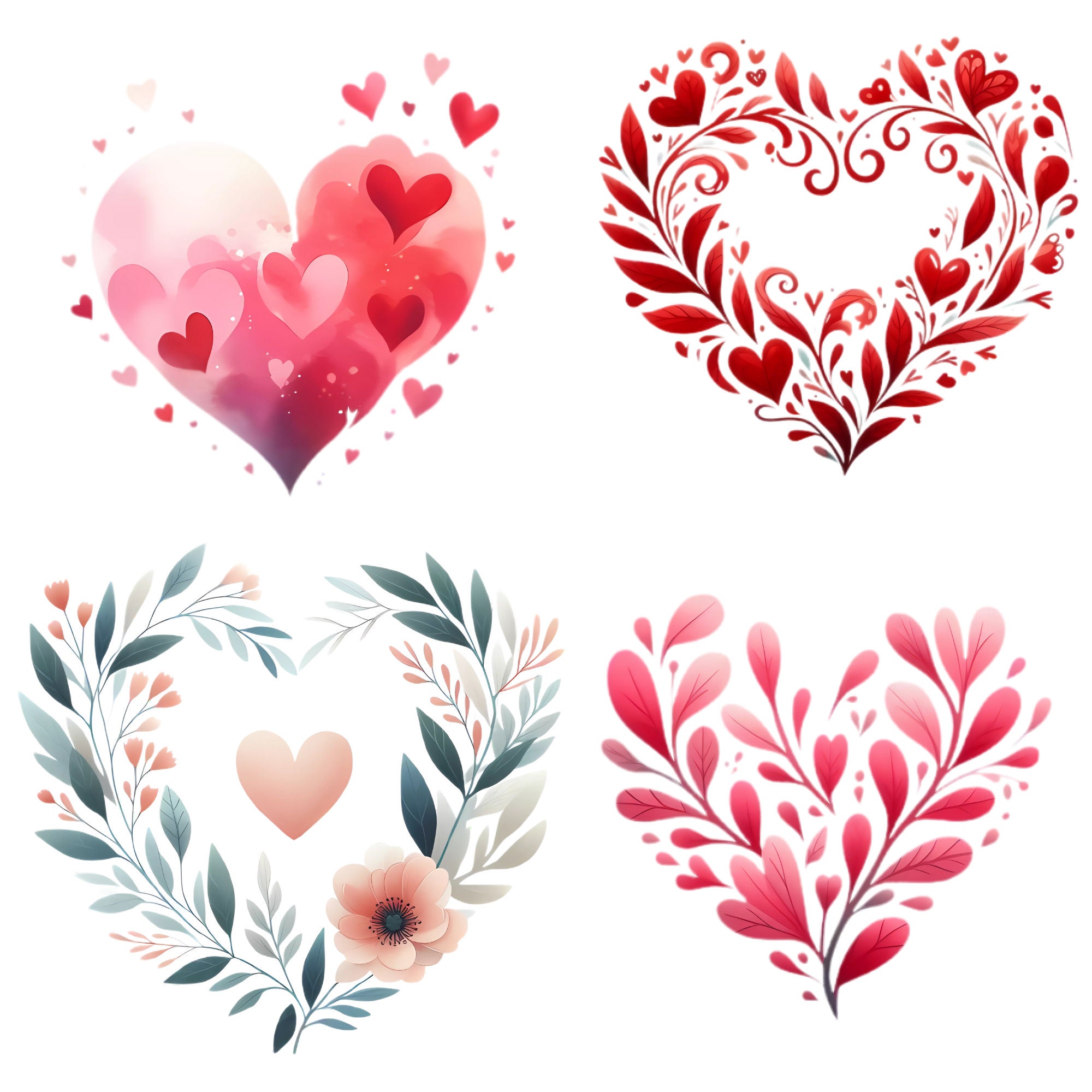 23 Floral Heart Watercolor Clipart Bundle, Instant Download, Botanical ...