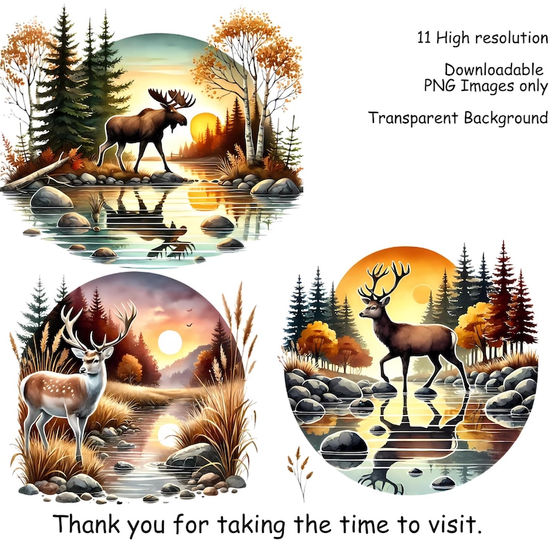 11 Watercolor Deer-moose With Reflection in a Creek PNG Clipart Bundle ...