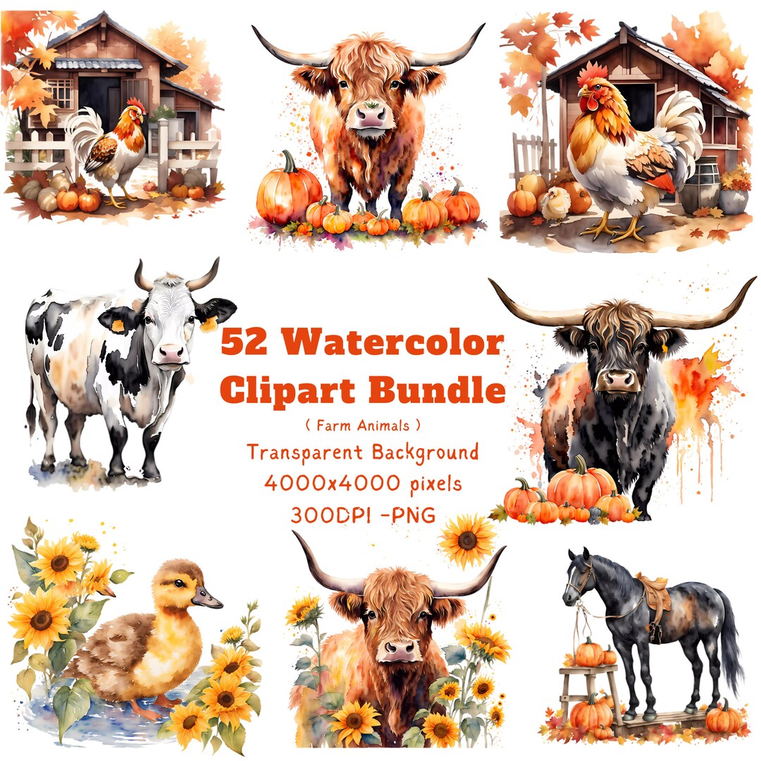 52 Watercolor Farm Animals Bundle PNG- Cute Animals, Instant Download ...