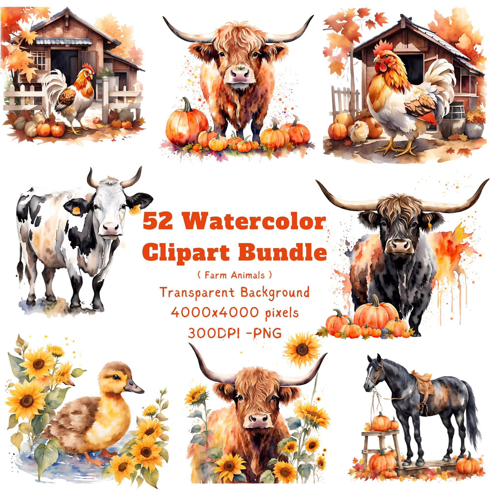 52 Watercolor Farm Animals Bundle PNG- Cute Animals, Instant Download ...