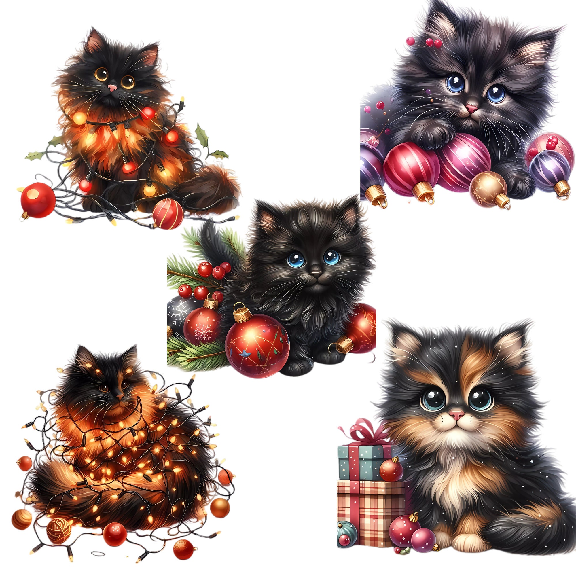 32 Cute Christmas Kitten Clipart Bundle. Watercolor Christmas PNG ...