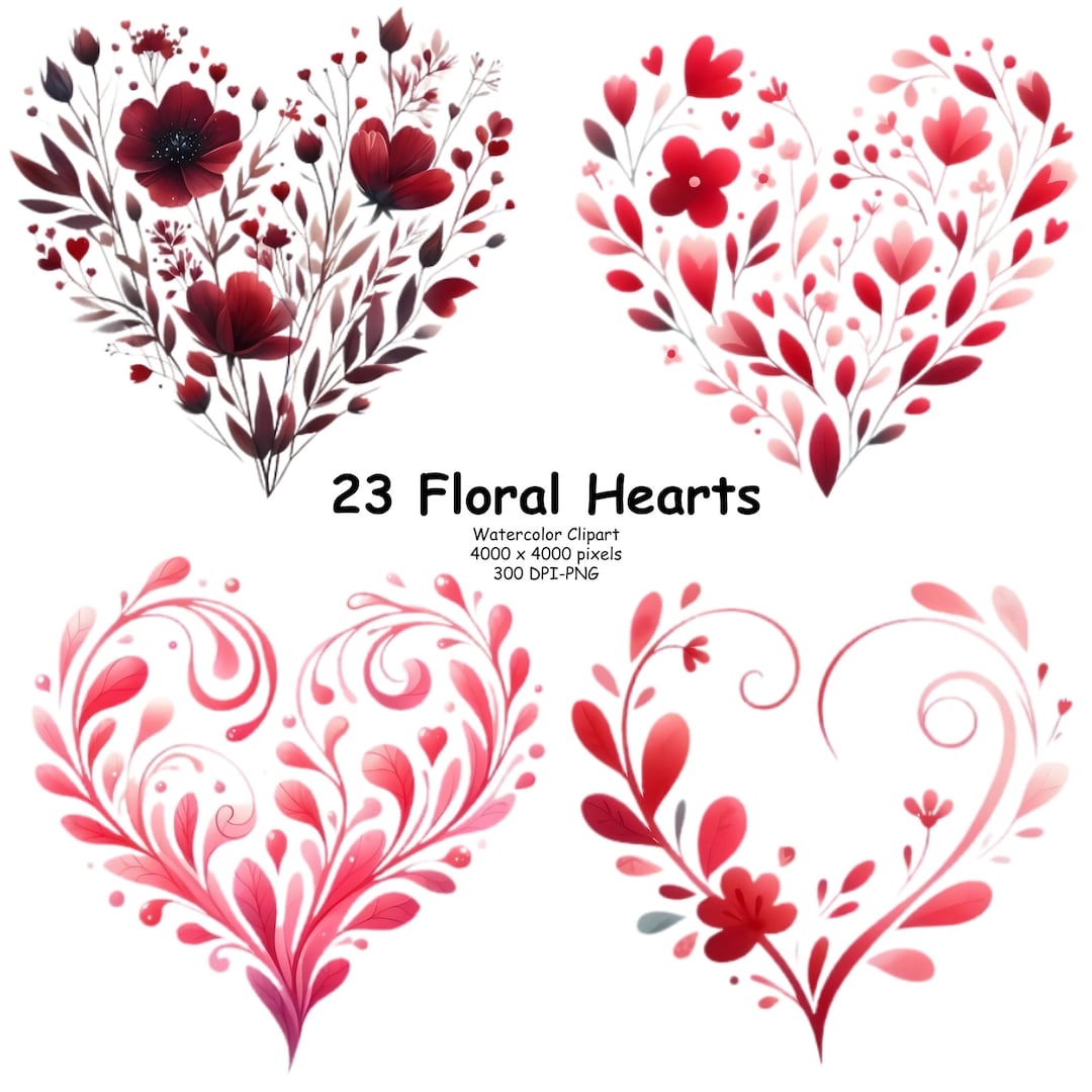23 Floral Heart Watercolor Clipart Bundle, Instant Download, Botanical ...