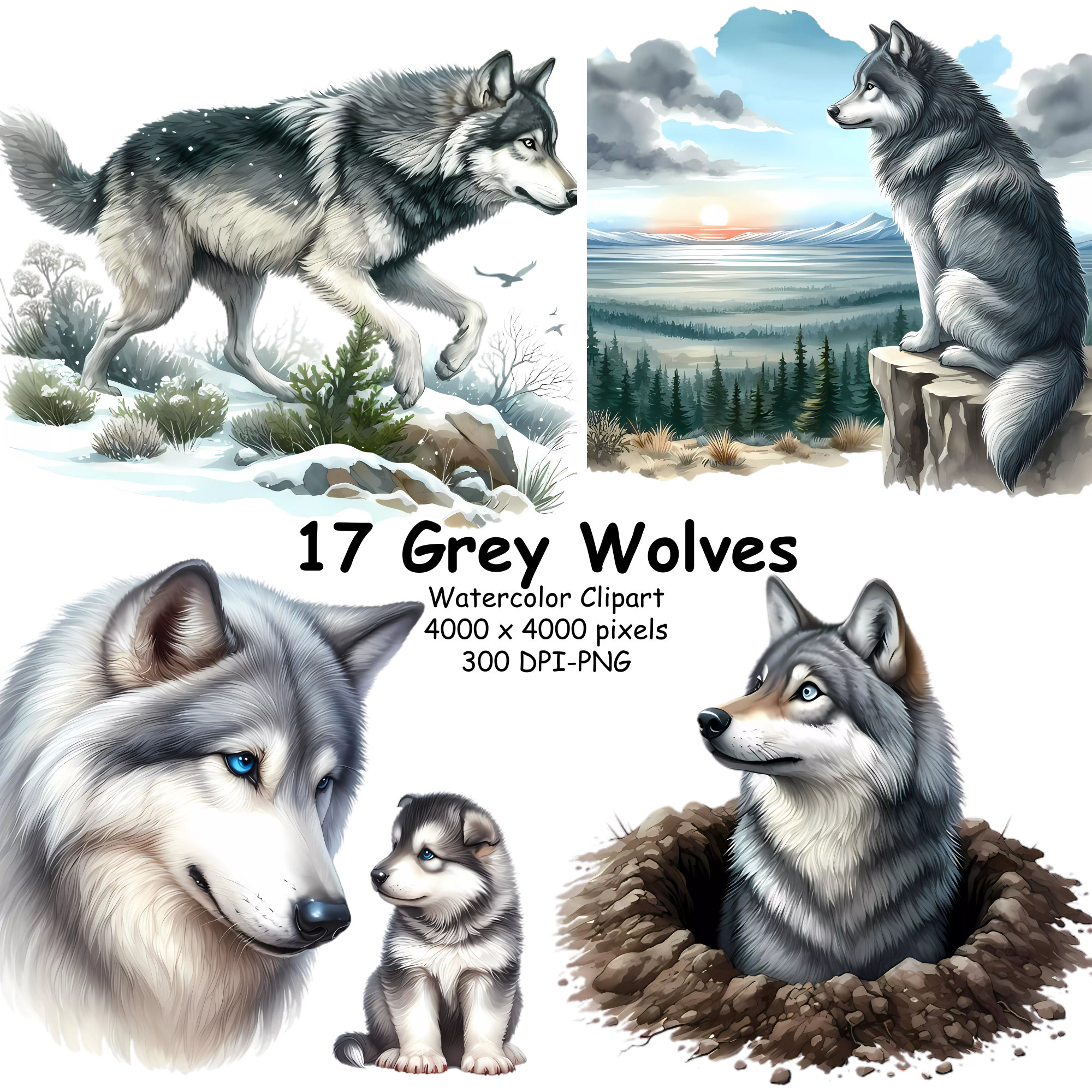 17 Watercolor Grey Wolf Clipart Bundle. Transparent Background, Wolf ...