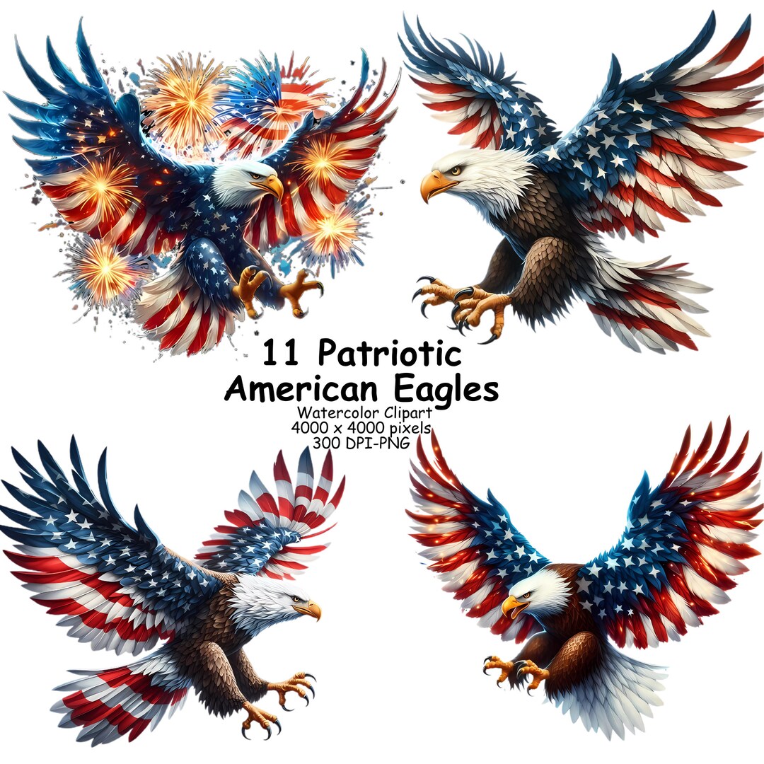 11 Watercolor Patriotic Eagle PNG Clipart Bundle, American USA Eagle ...