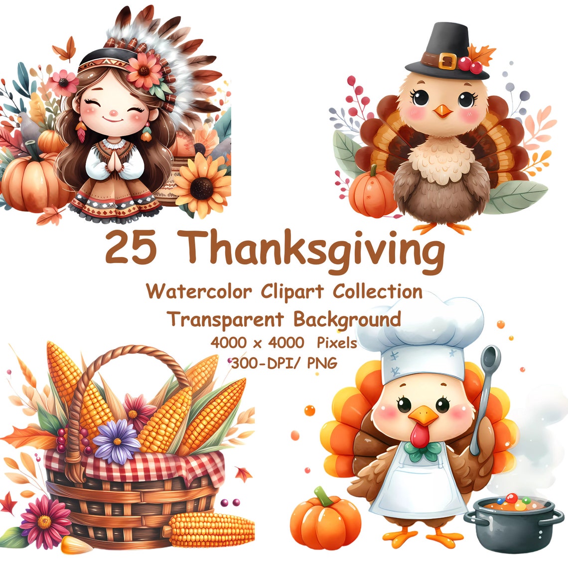 25 Watercolor Thanksgiving Collection Clipart Bundle. Transparent ...