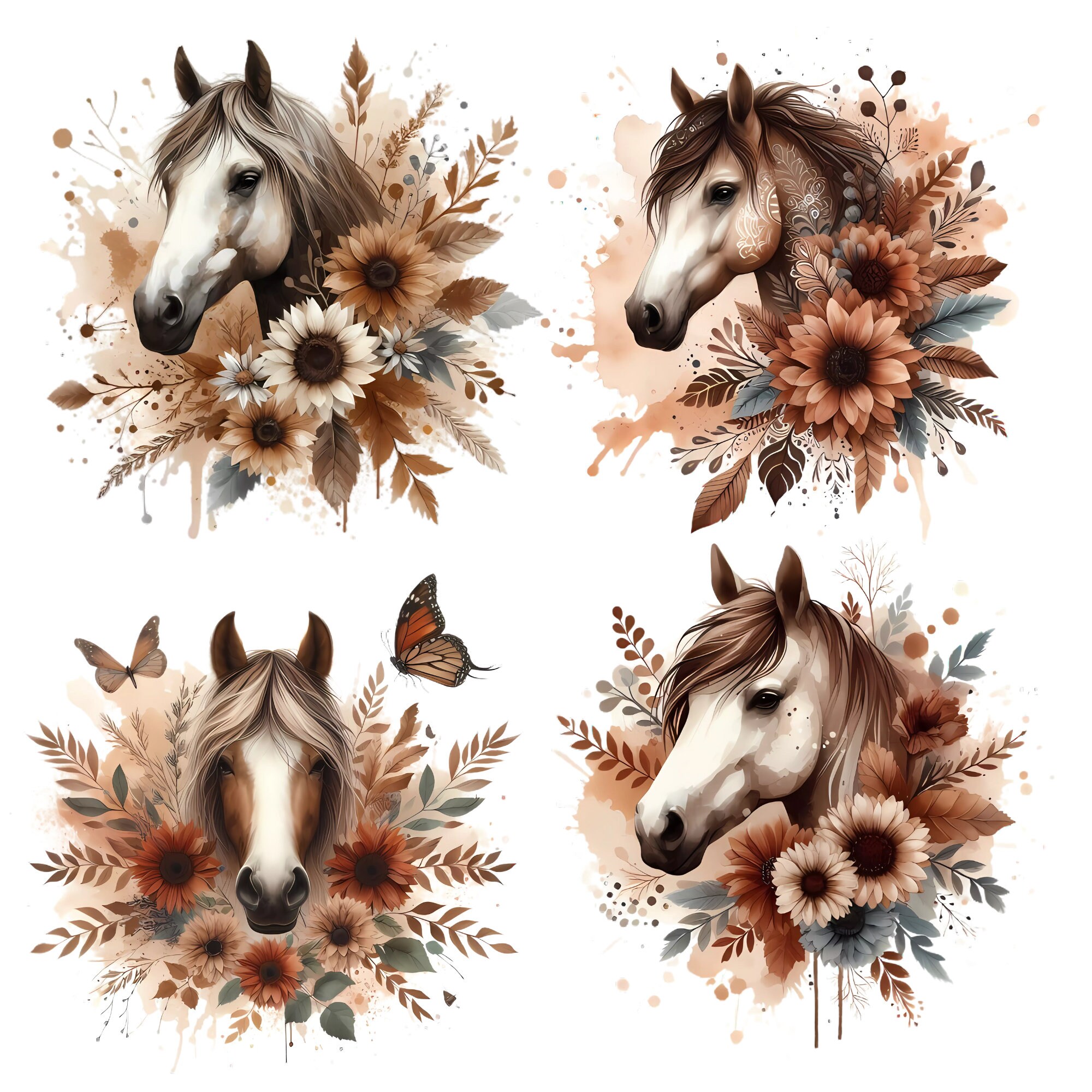 17 Watercolor Boho Horse Clipart PNG Bundle, Brown Horse, Butterfly ...