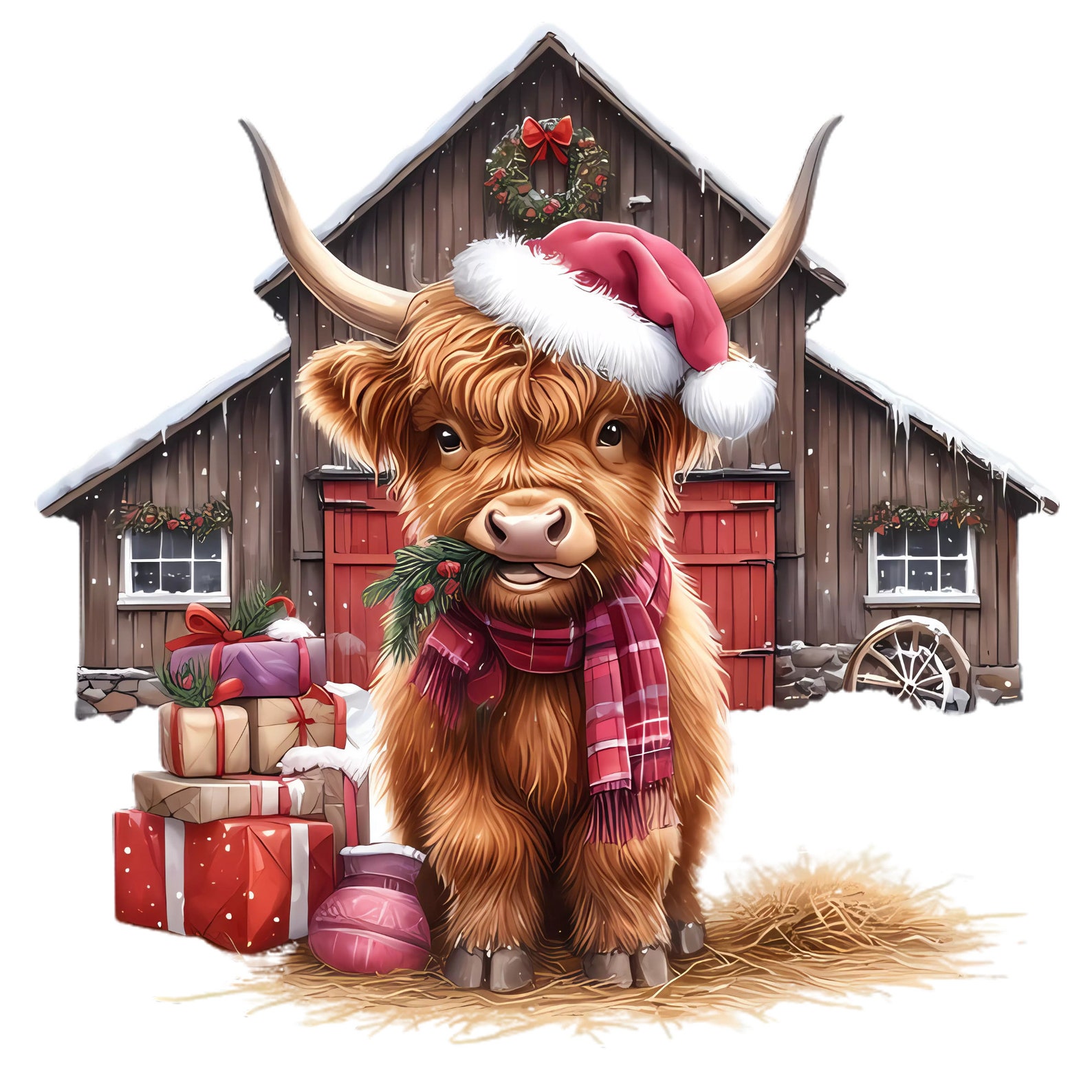 7 Watercolor Pink Christmas Highland Cow Clipart (PNG) - Etsy