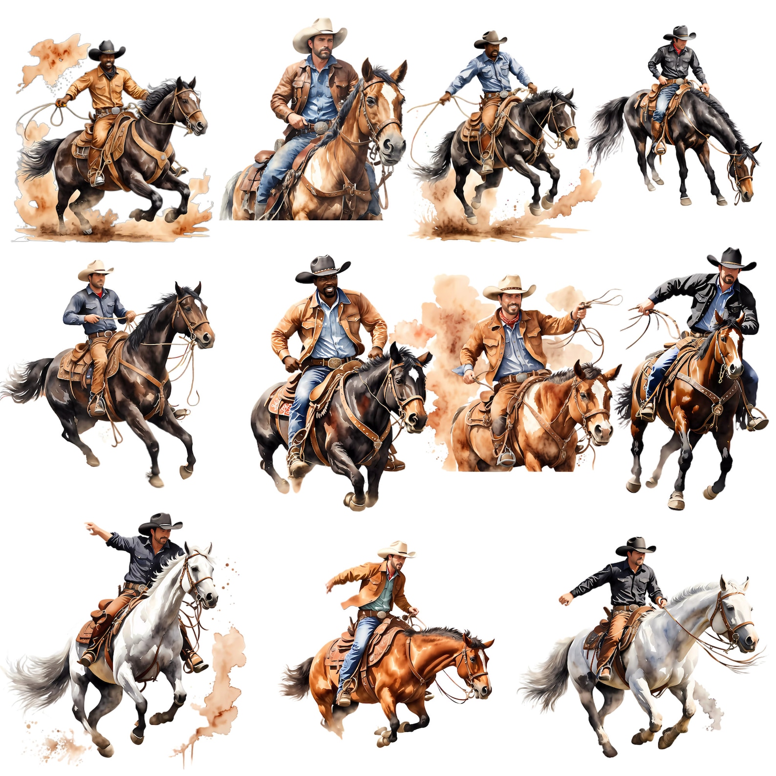 50 Watercolor Horses Clipart Bundle, Western Rodeo Cowboys/cowgirls ...