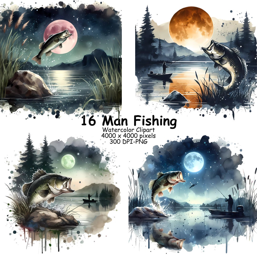16 Man Fishing Watercolor Clipart Bundle, Boat Fishing Landscape, High ...