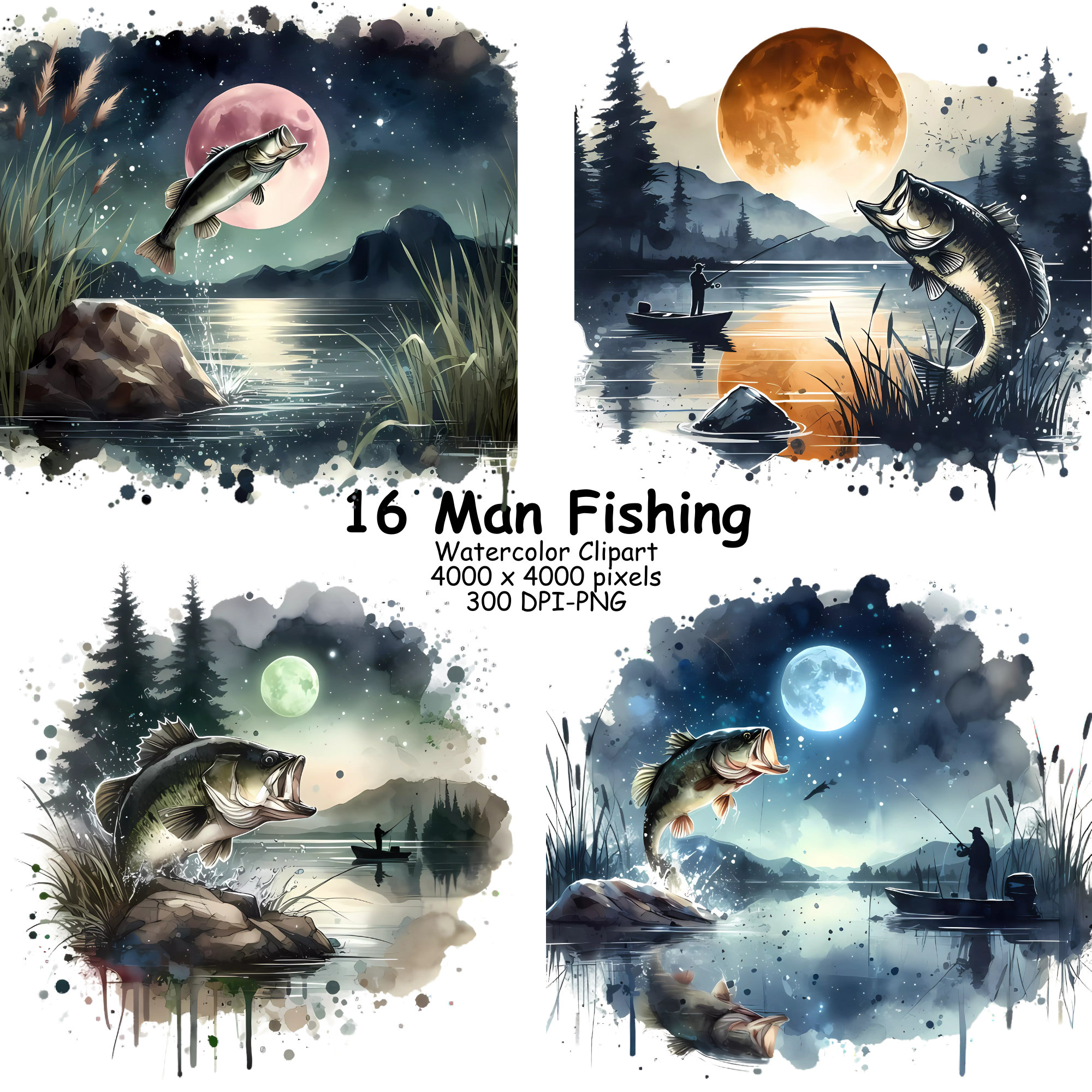 16 Man Fishing Watercolor Clipart Bundle, Boat Fishing Landscape, High ...