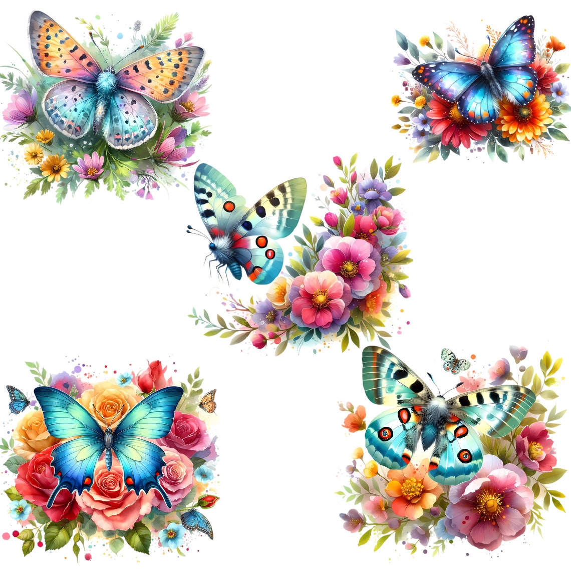 39 Watercolor Butterflies and Flowers PNG Clipart Bundle, Spring ...