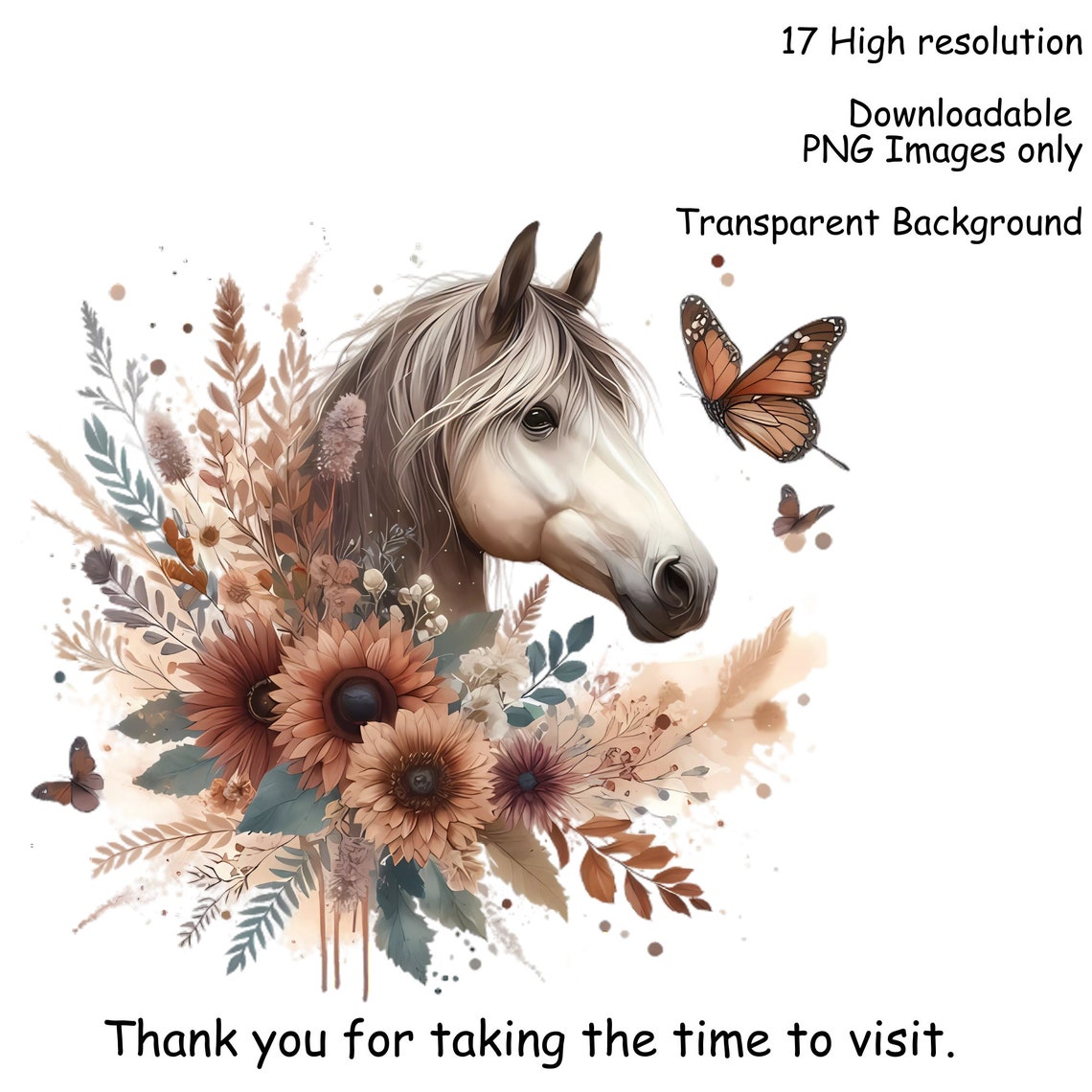 17 Watercolor Boho Horse Clipart PNG Bundle, Brown Horse, Butterfly ...