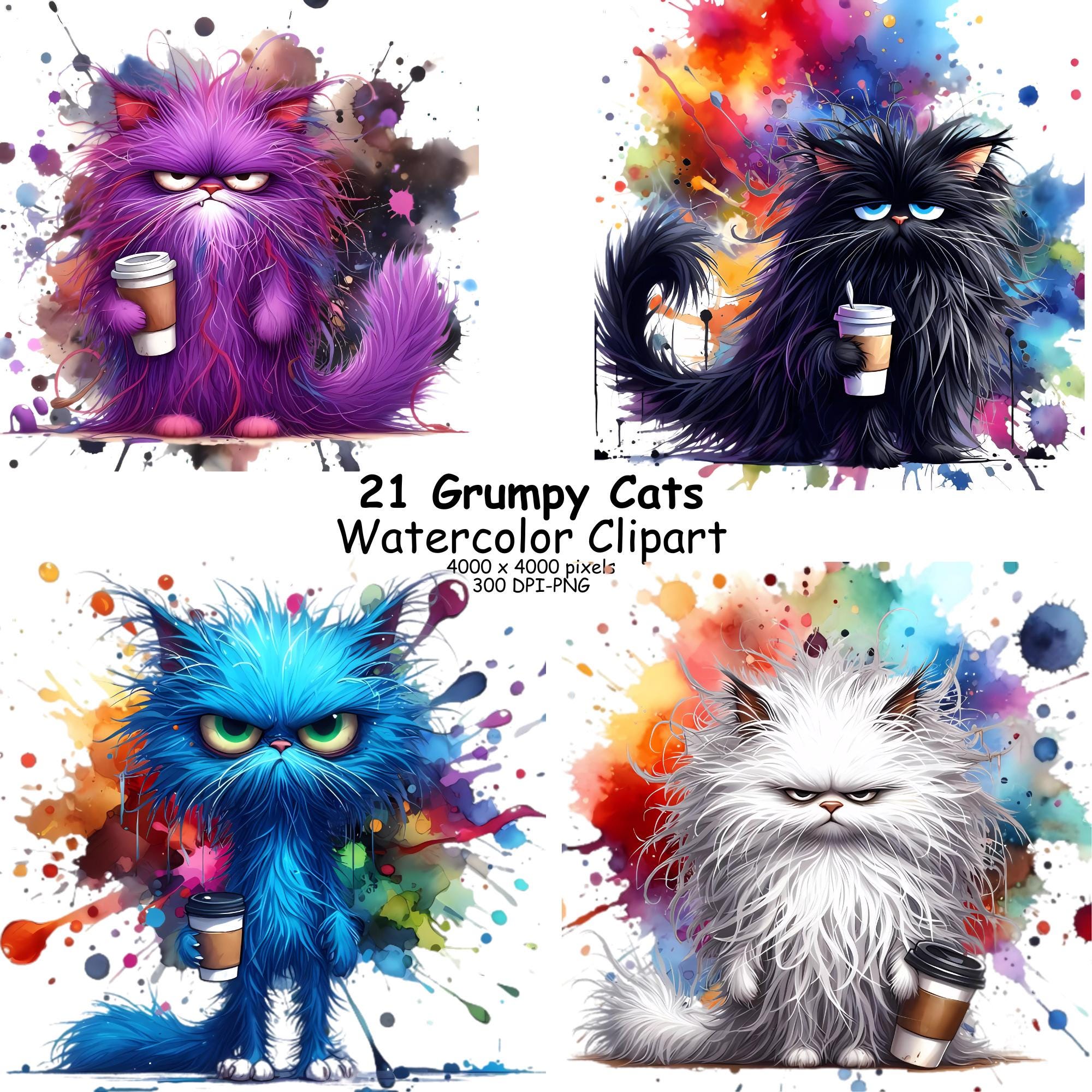 21 Watercolor Frazzled Cat Paint Splash PNG Clip Art Bundle, High Res ...
