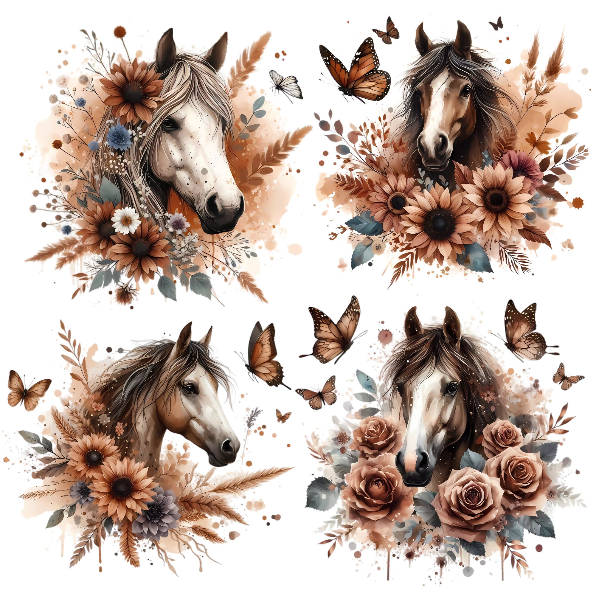 17 Watercolor Boho Horse Clipart PNG Bundle, Brown Horse, Butterfly ...